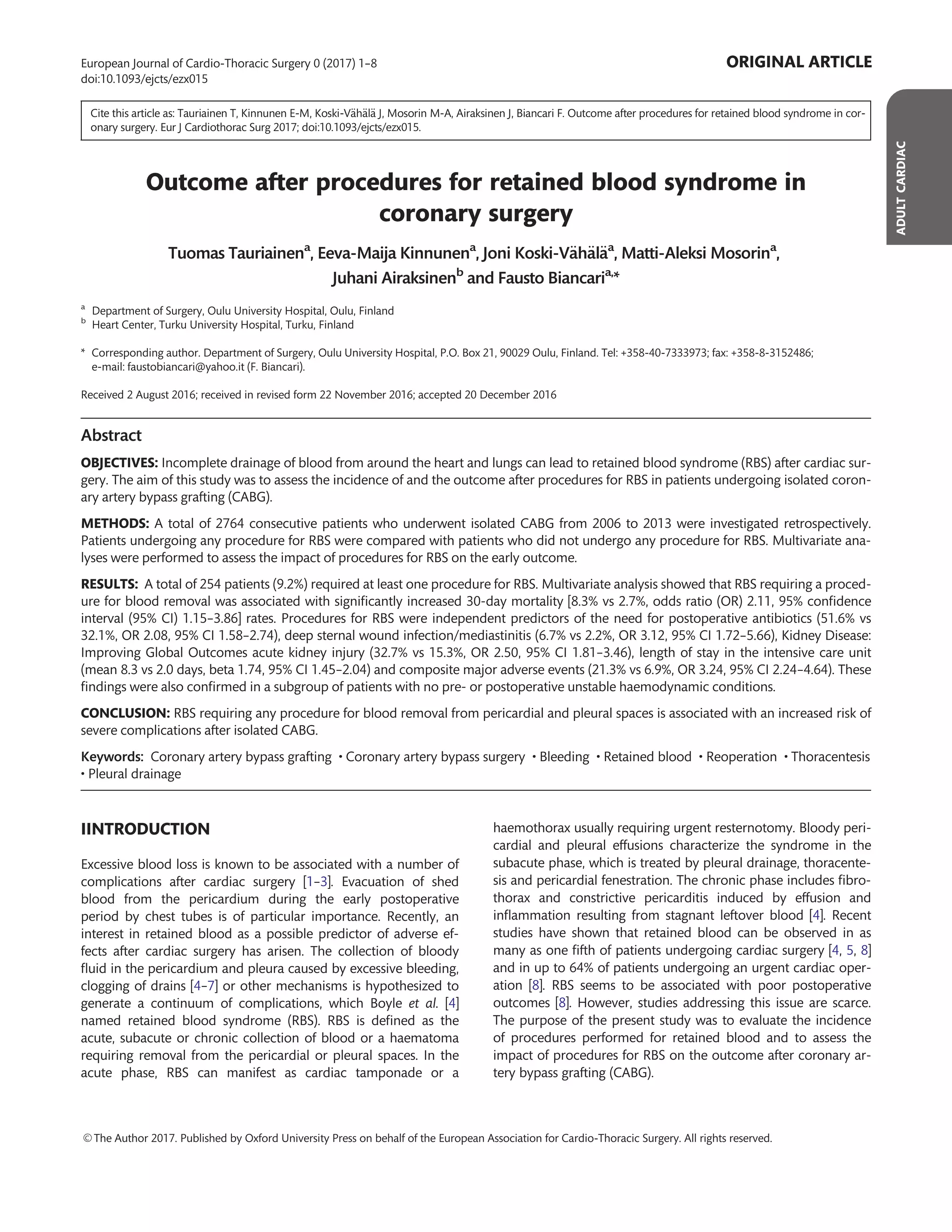 Outcome After Procedures for Retained Blood Syndrome in Coronary ...