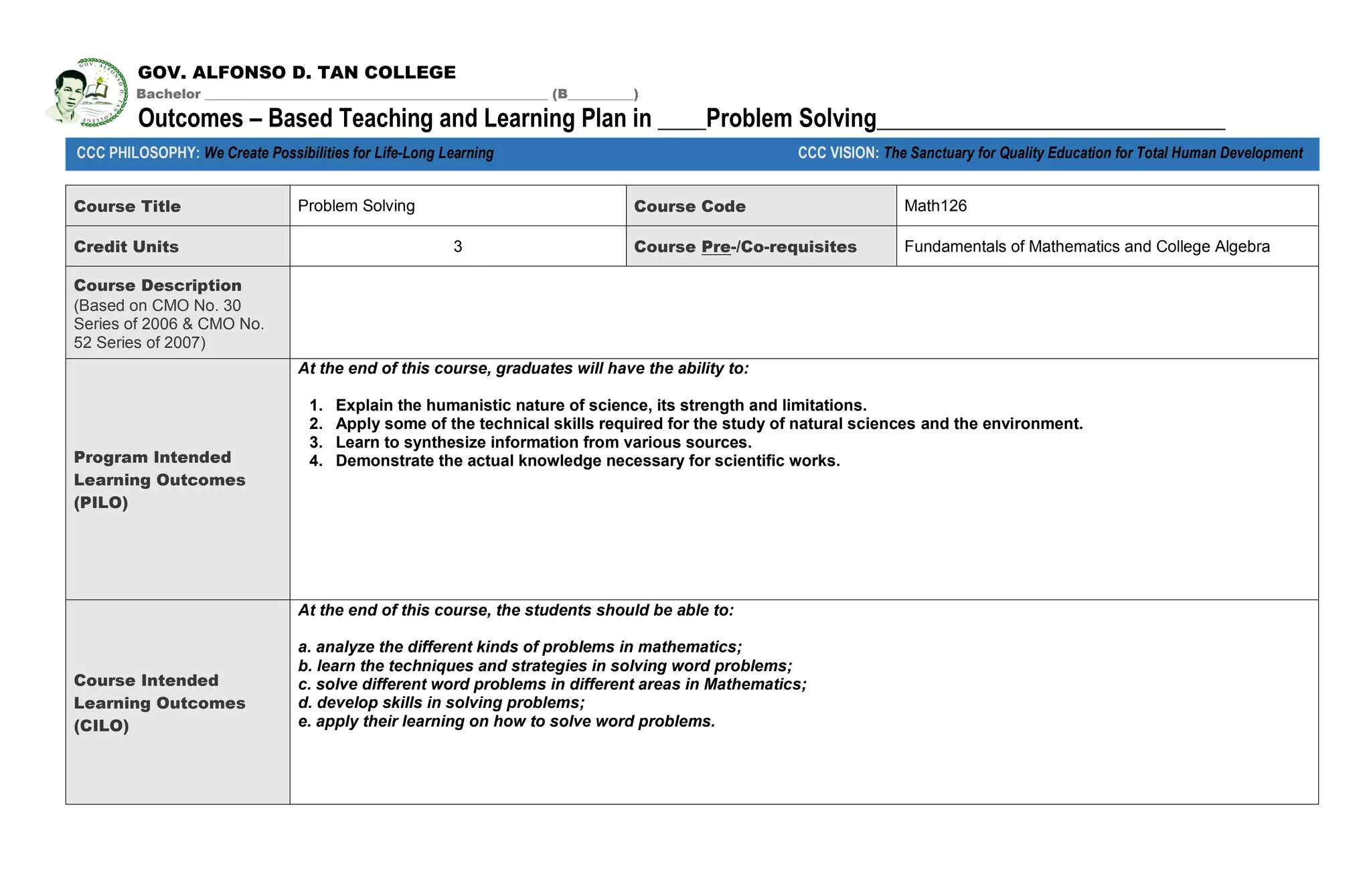 Outcome based teaching learning plan in problem solving | PPT | Free ...