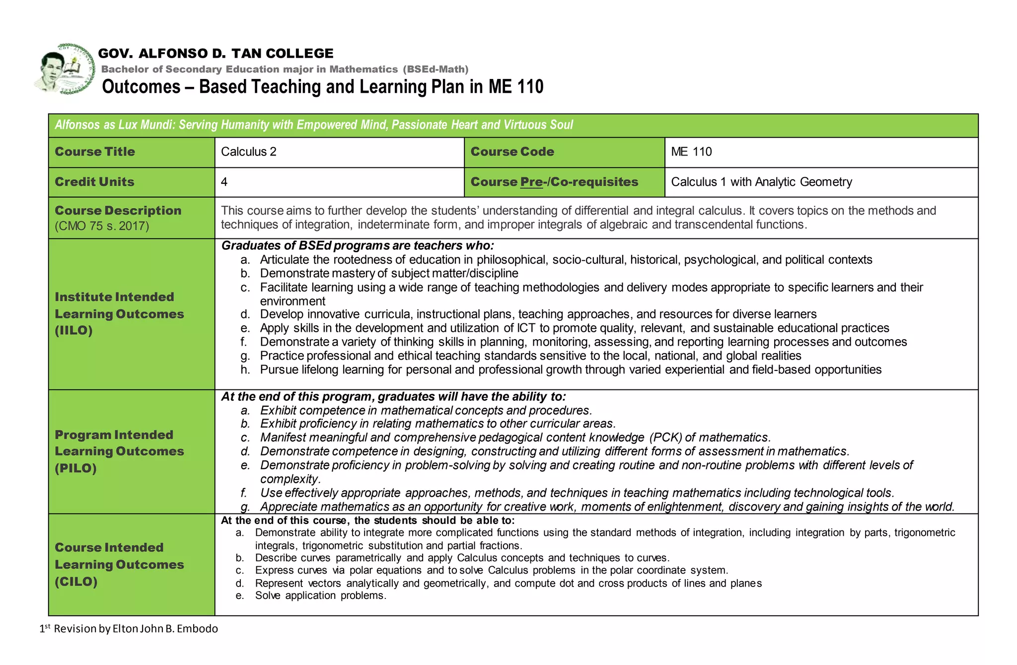 Outcomes based teaching learning plan (obtlp)- calculus ii 1st rev | DOCX