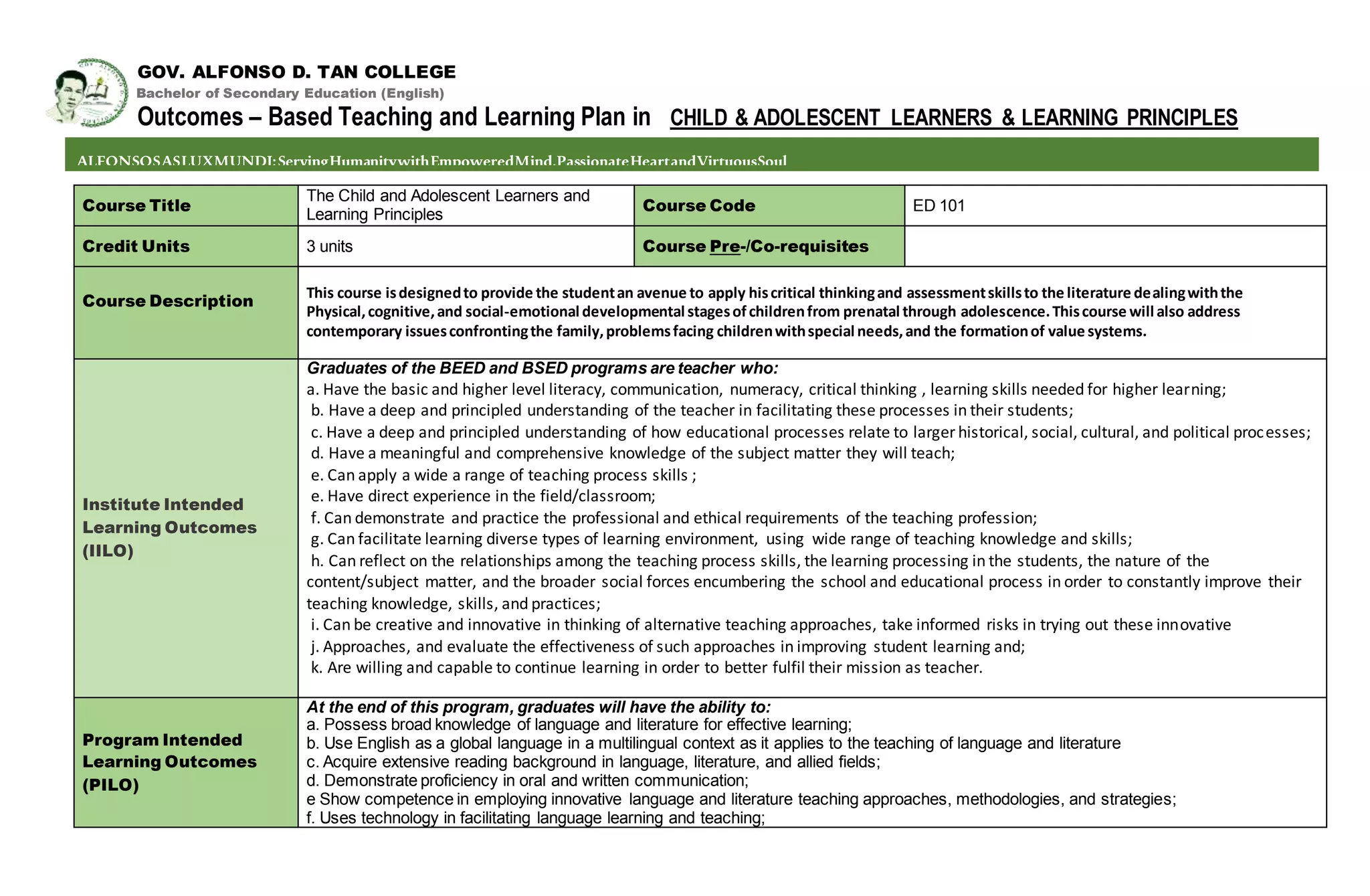 Outcomes based teaching learning plan (obtlp)- ed 101 child & adolescent development | DOCX