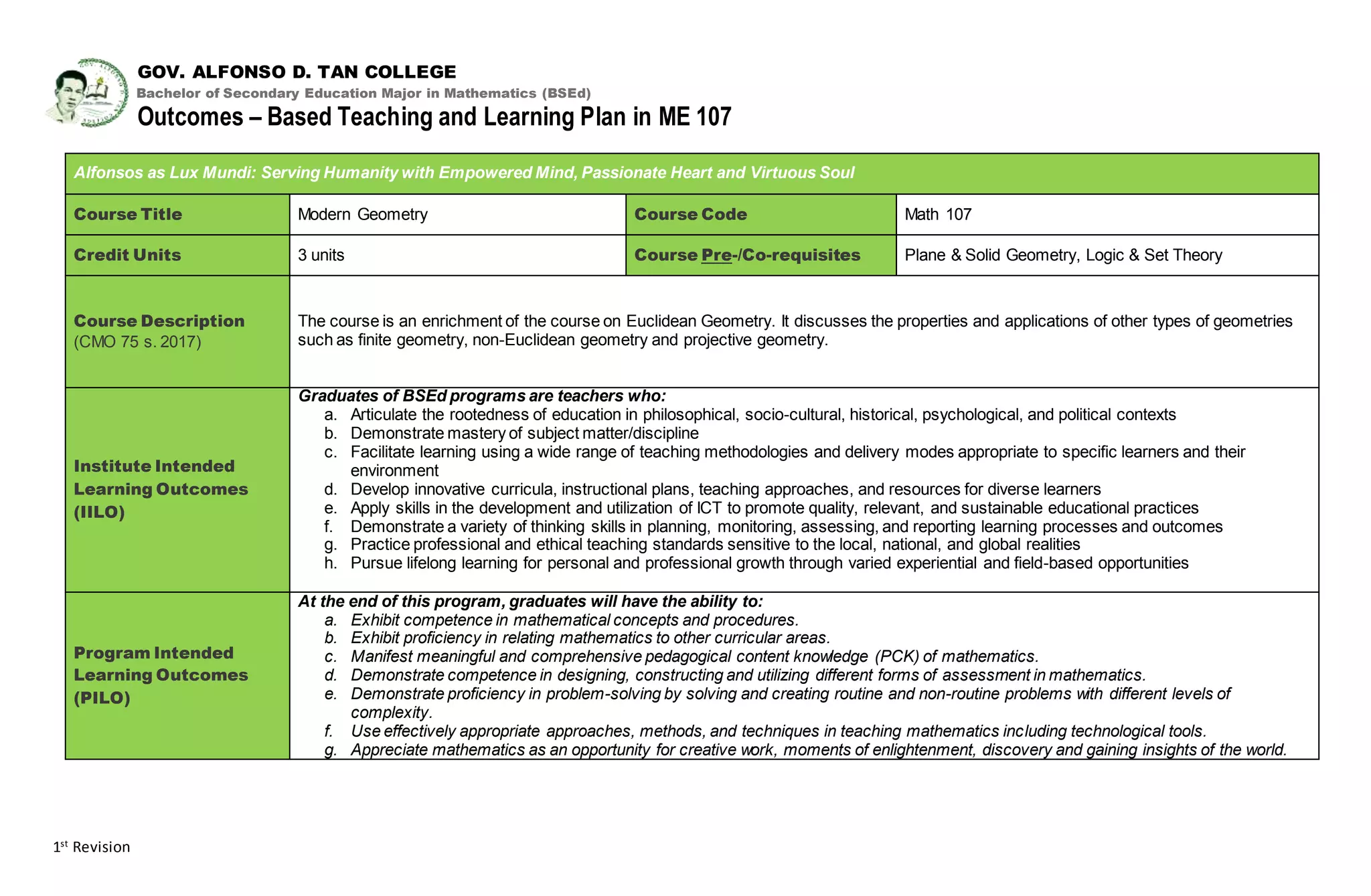Outcomes based teaching learning plan (obtlp)- modern geometry 1st rev ...