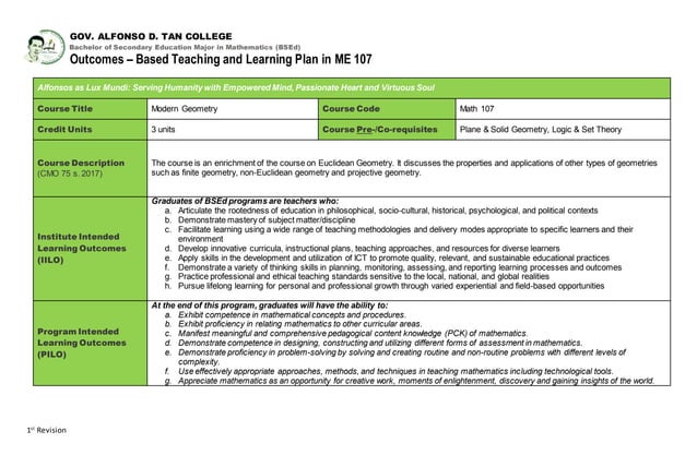 Outcomes based teaching learning plan (obtlp)- modern geometry 1st rev ...