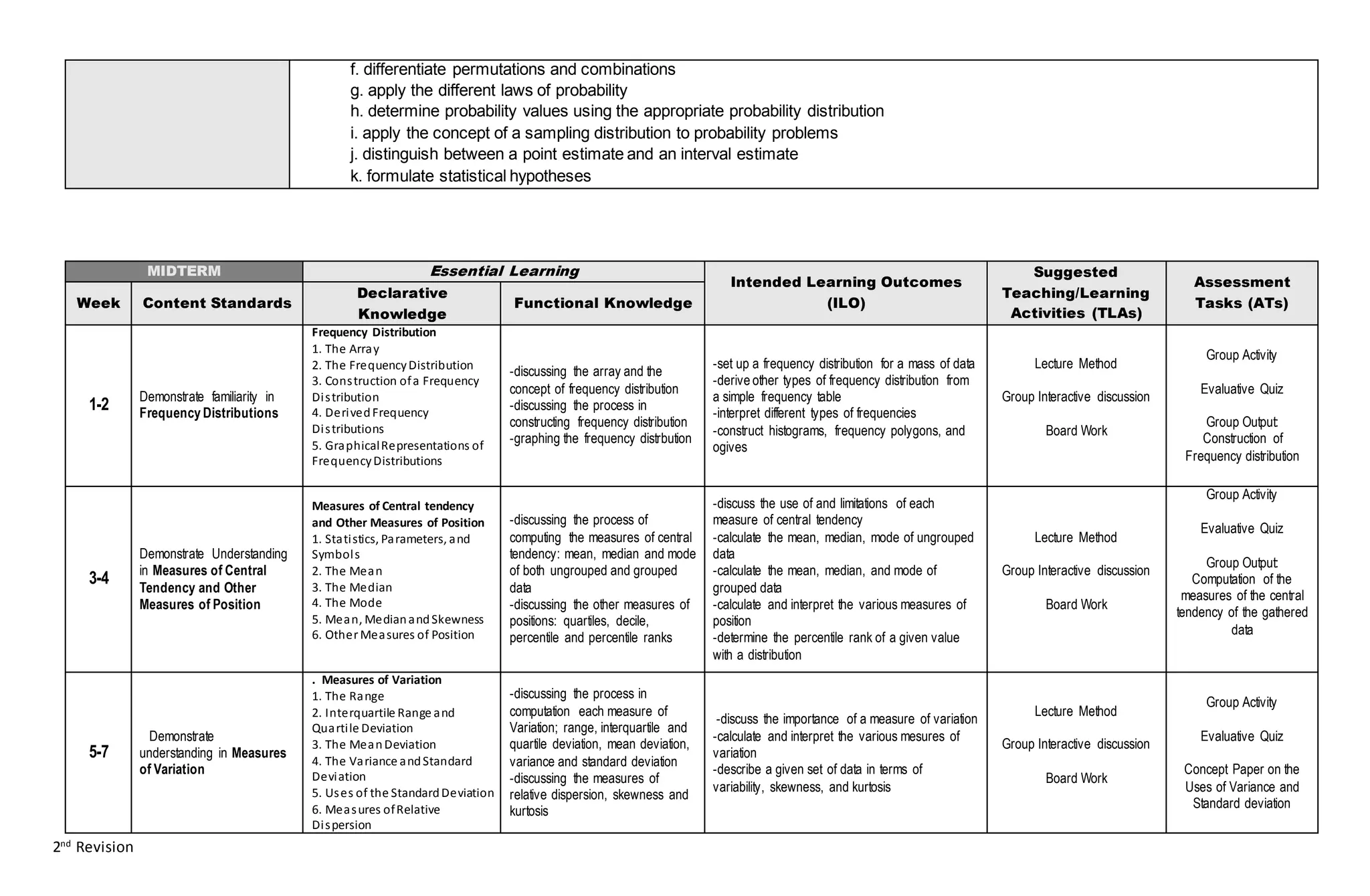 Outcomes based teaching learning plan (obtlp) elementary statistics ...
