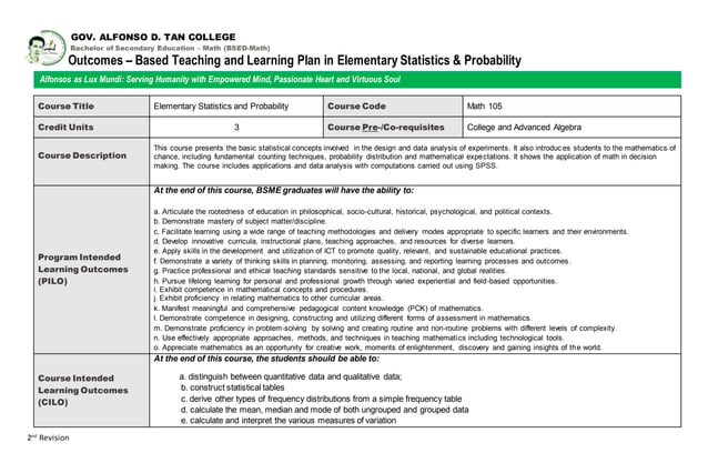 Outcomes based teaching learning plan (obtlp) elementary statistics ...
