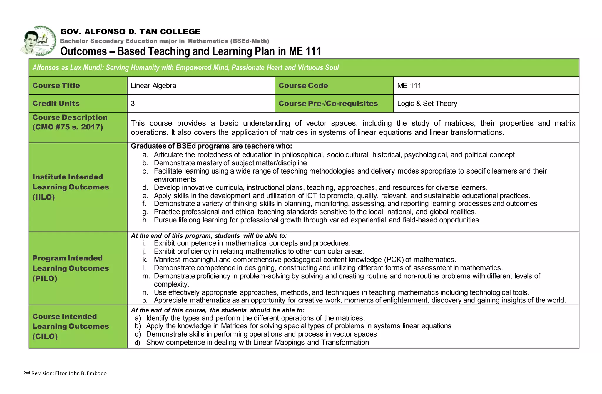 Outcomes based teaching learning plan (obtlp) linear algebra 1st rev | PPT
