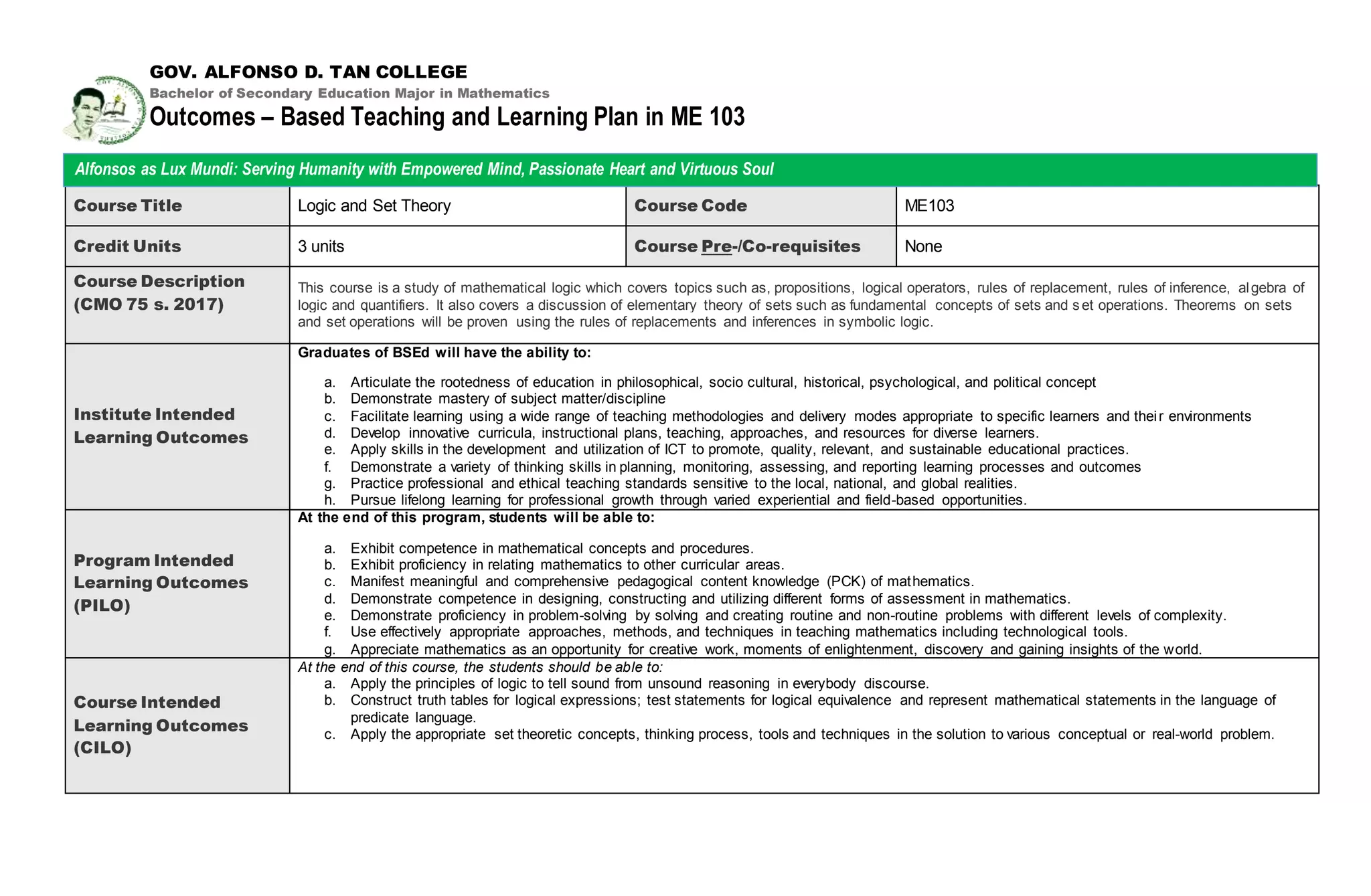Outcomes based teaching learning plan (obtlp) logic and set theory | DOCX