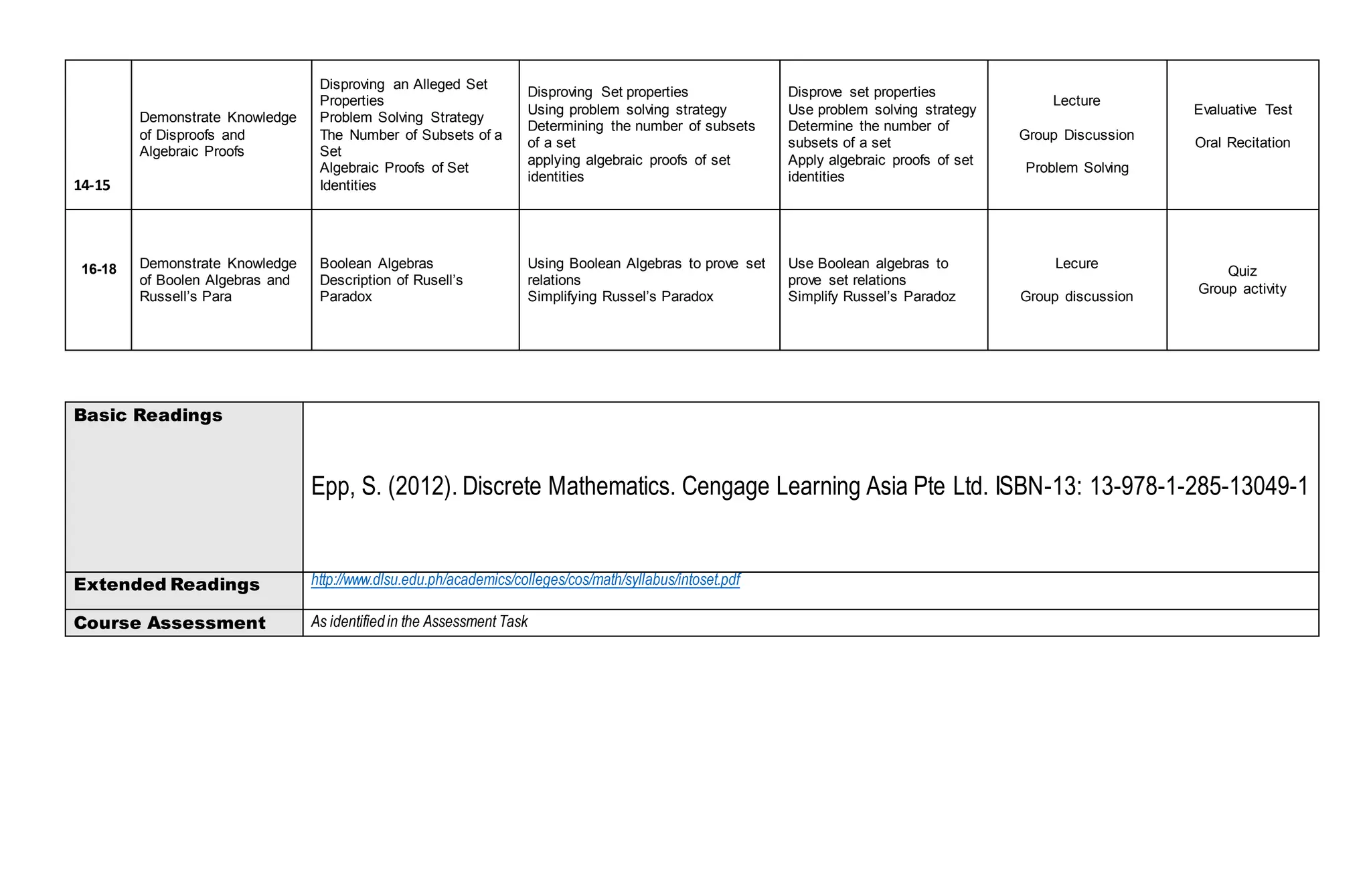 Outcomes based teaching learning plan (obtlp) logic and set theory | DOCX