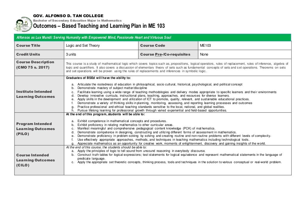 Outcomes Based Teaching Learning Plan Obtlp Logic And Set Theory