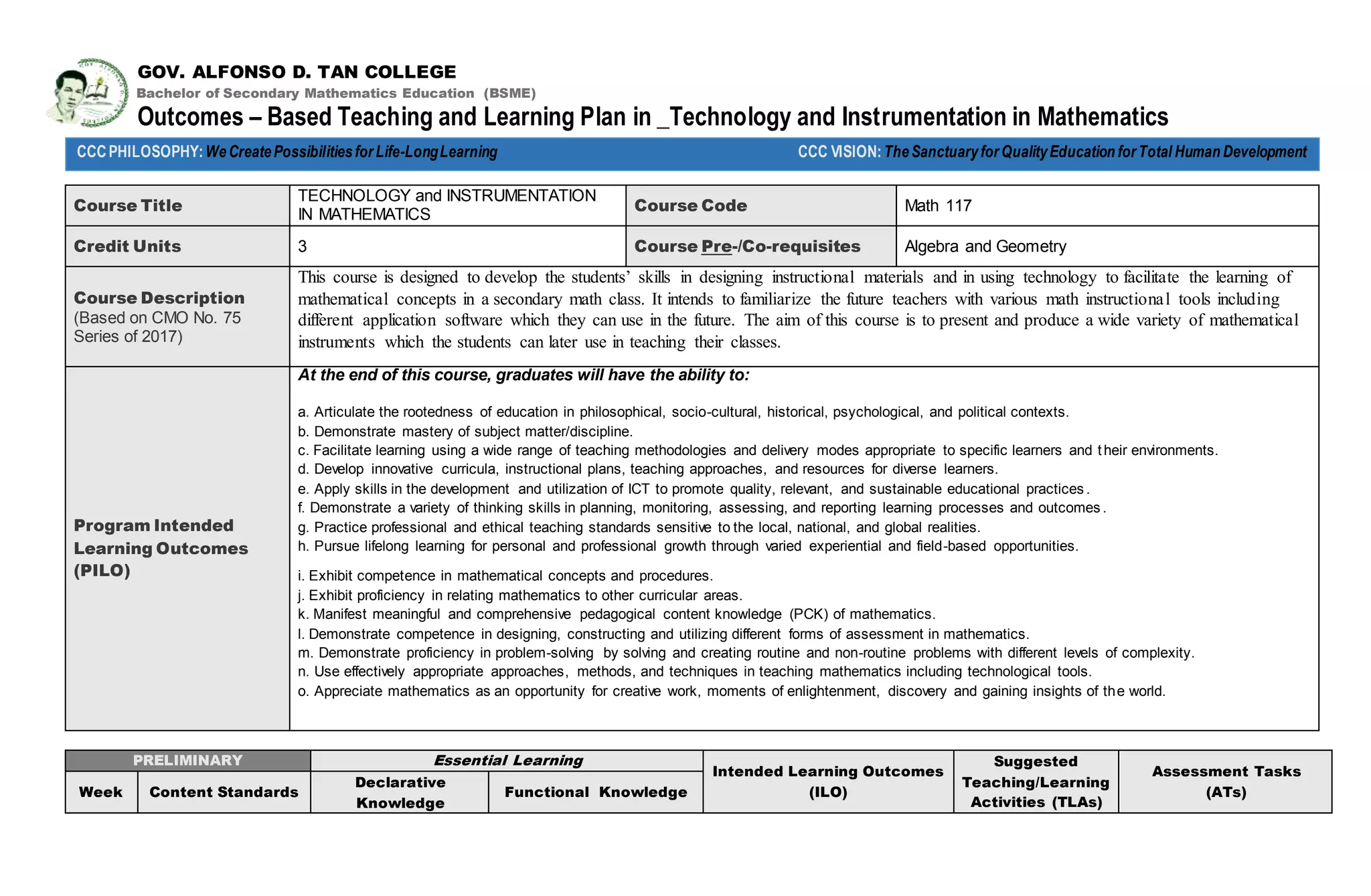 Outcomes based teaching learning plan (obtlp) technology and instrumentation in mathematics | DOCX