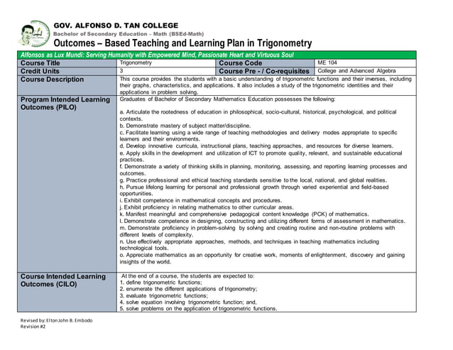 Outcomes based teaching learning plan (obtlp) trigonometry | DOCX