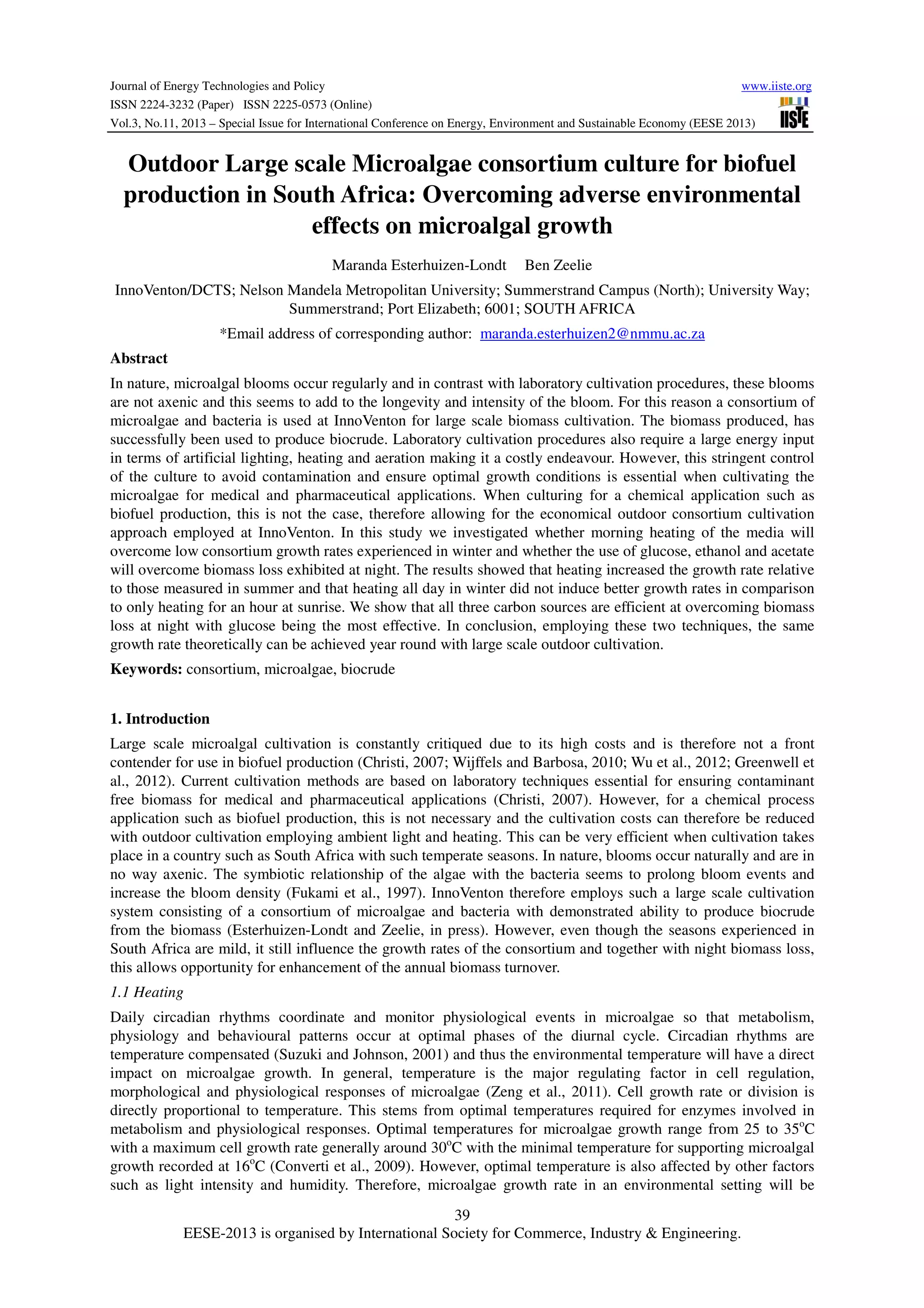 Outdoor large scale microalgae consortium culture for biofuel ...