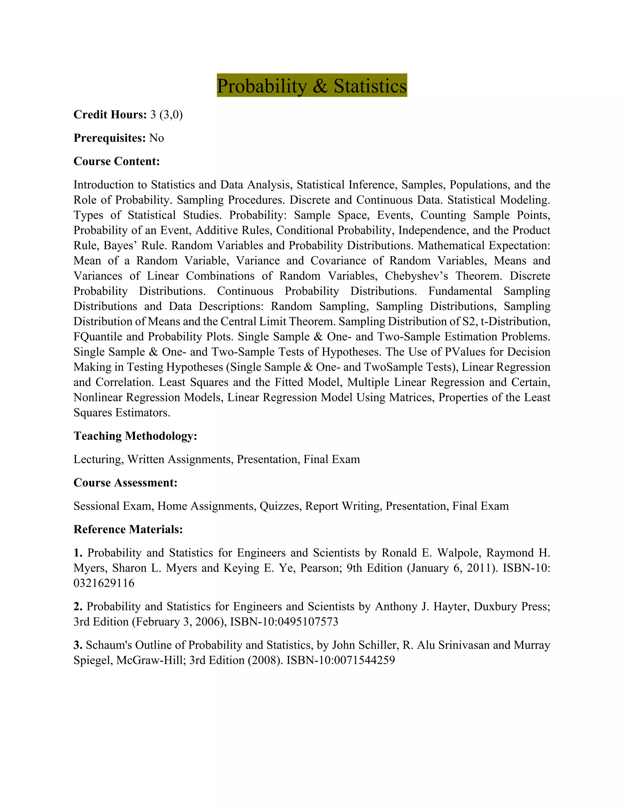 Course Outline of Probability & Statistics | PDF