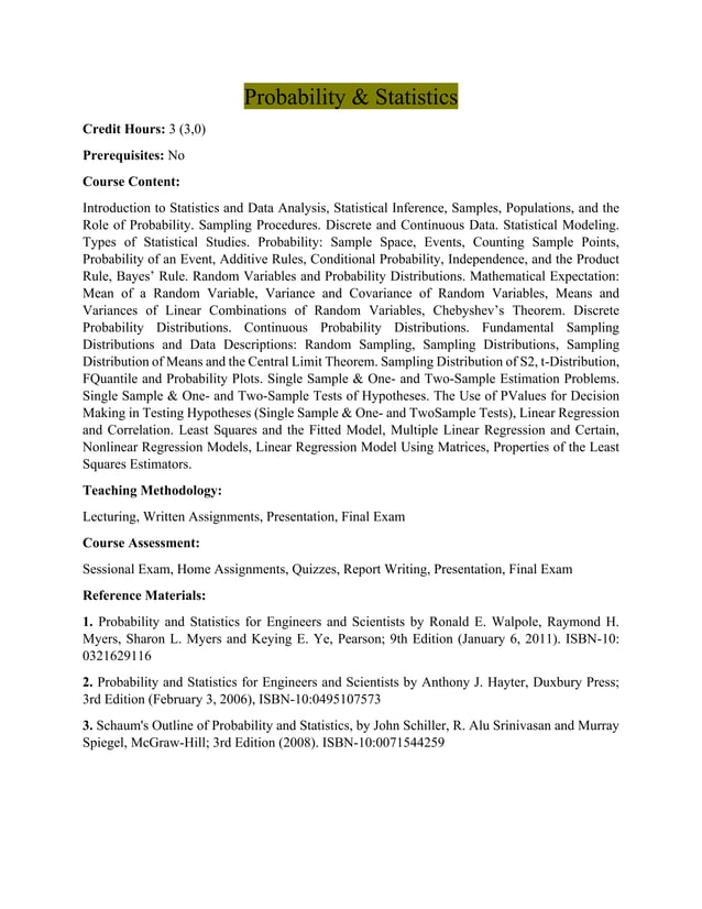 Course Outline of Probability & Statistics | PDF