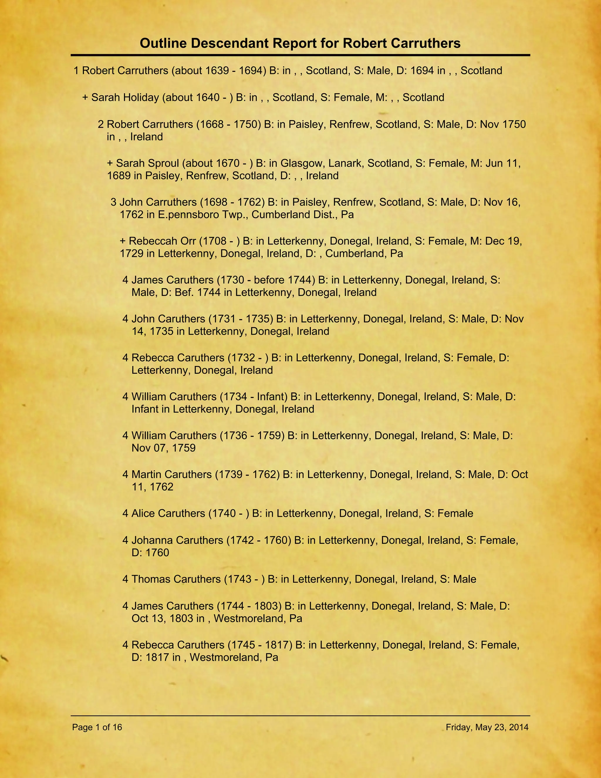 Outline Descendant Report - Robert Carruthers.pdf | Genealogy and Ancestry | Hobbies & Interests