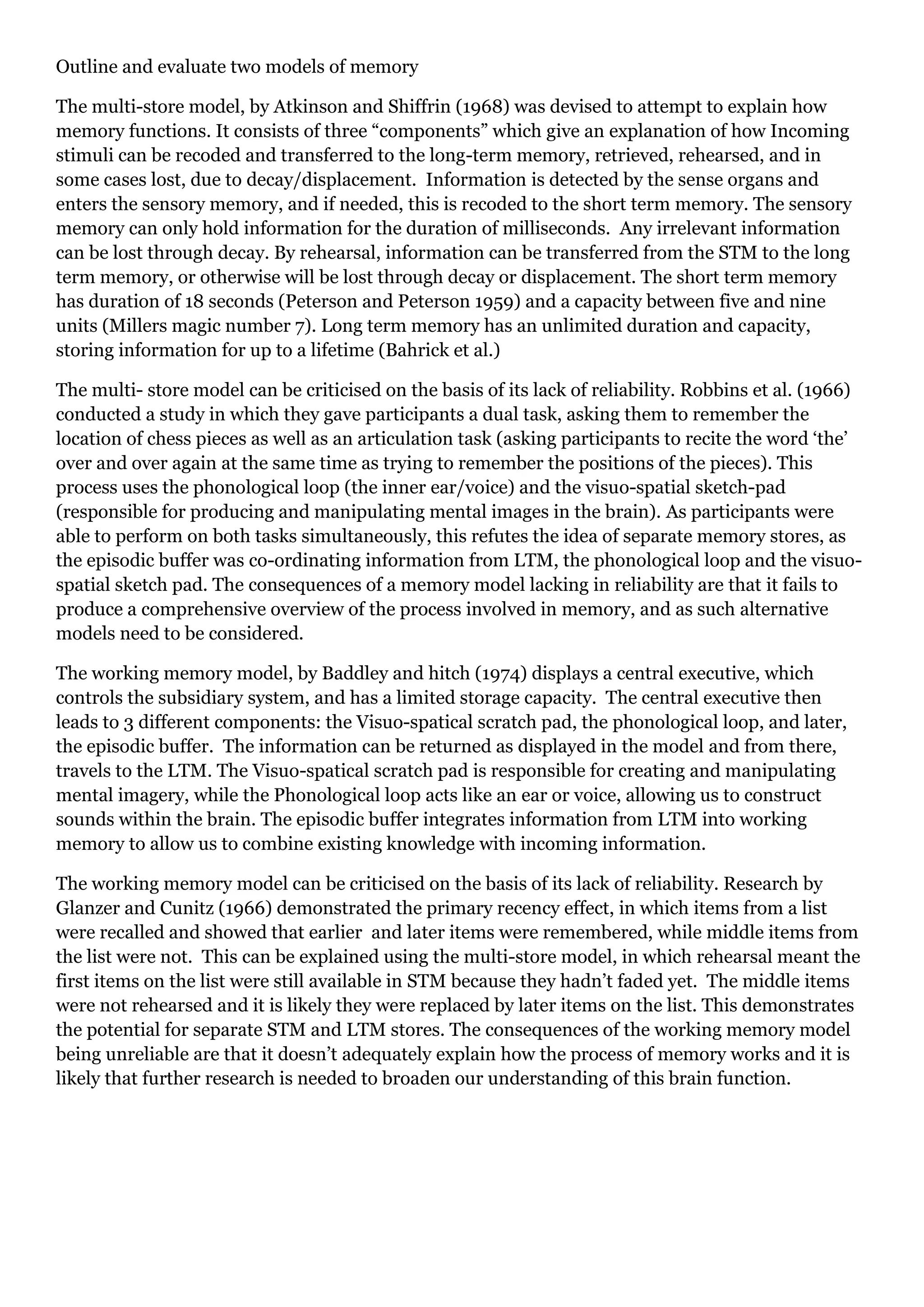 Outline and evaluate two models of memory (1) | DOCX