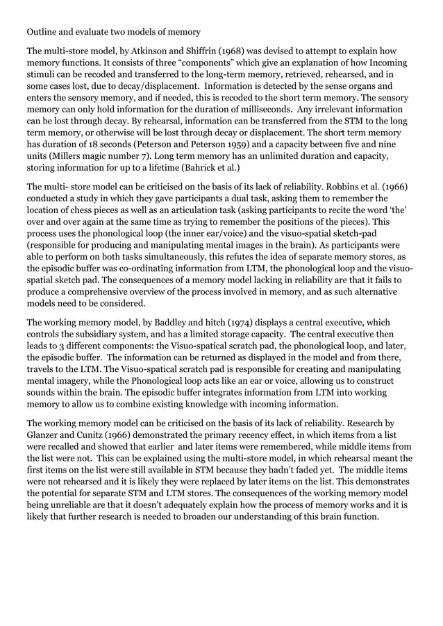 Outline and evaluate two models of memory (1) | DOCX