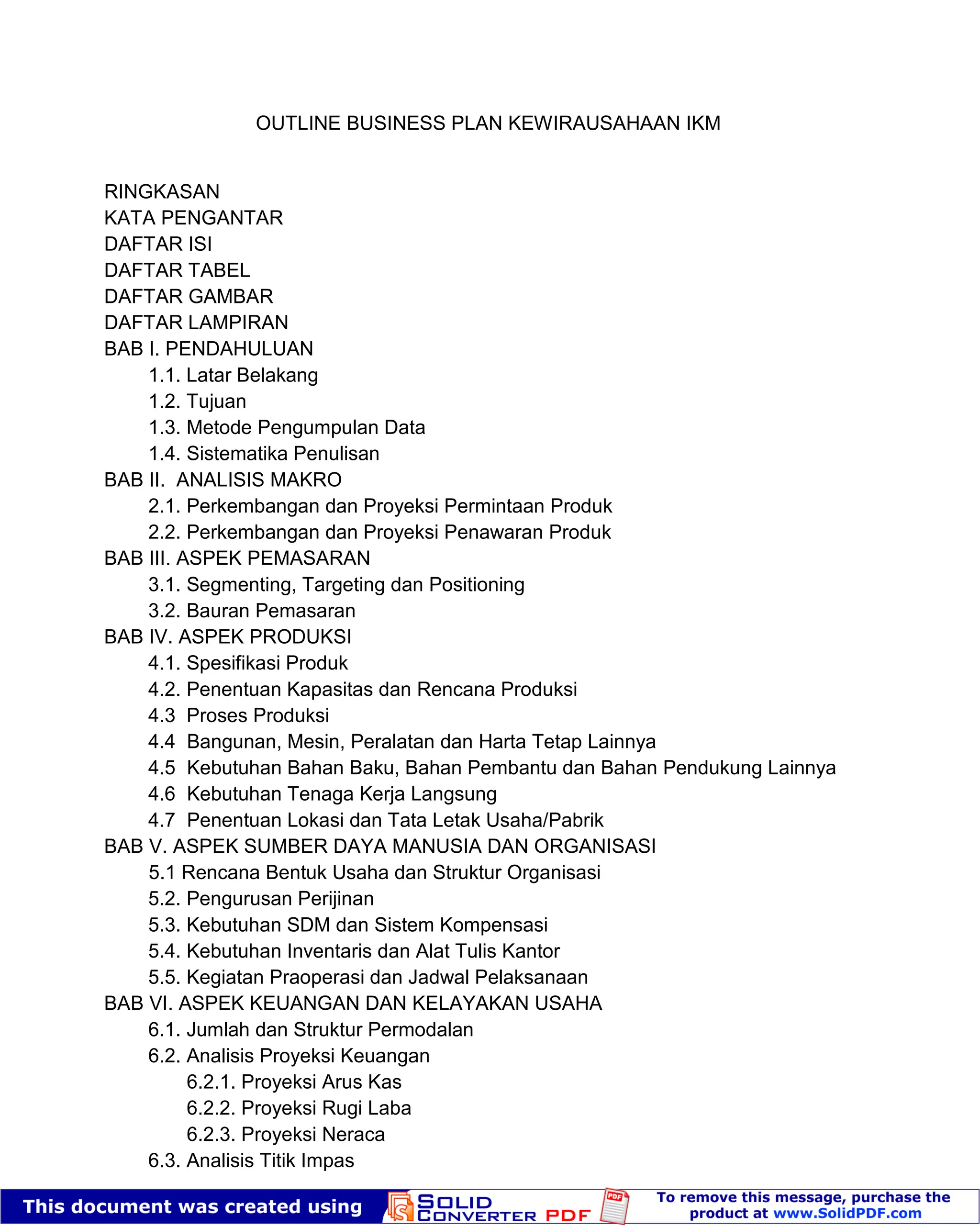 Outline dan pedoman bisnis plan ikm | PDF