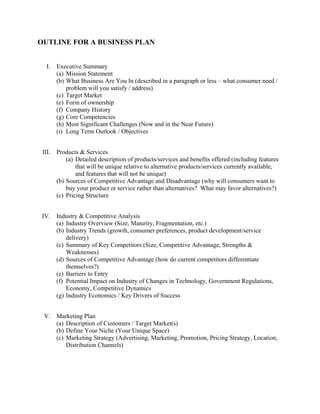 Outline for a business plan (revised) | PDF | Business Accounting ...