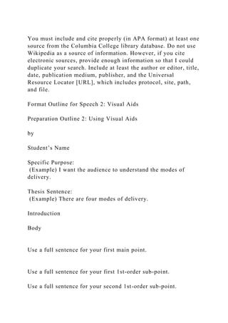 Outline for Speech 2 Visual AidsTopicChoose a topic that yo.docx