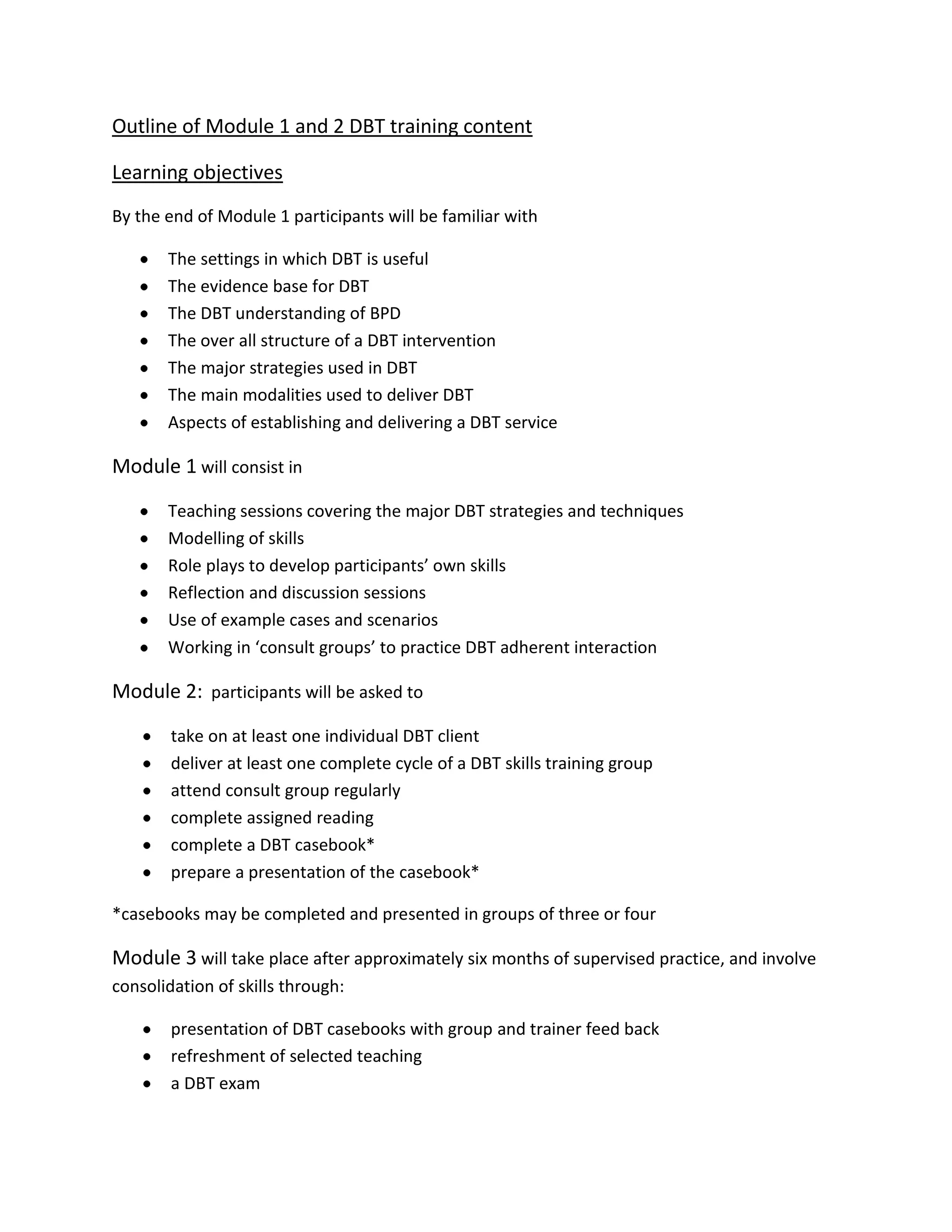 Outline of dbt training content | DOCX | Physical Therapy | Wellness