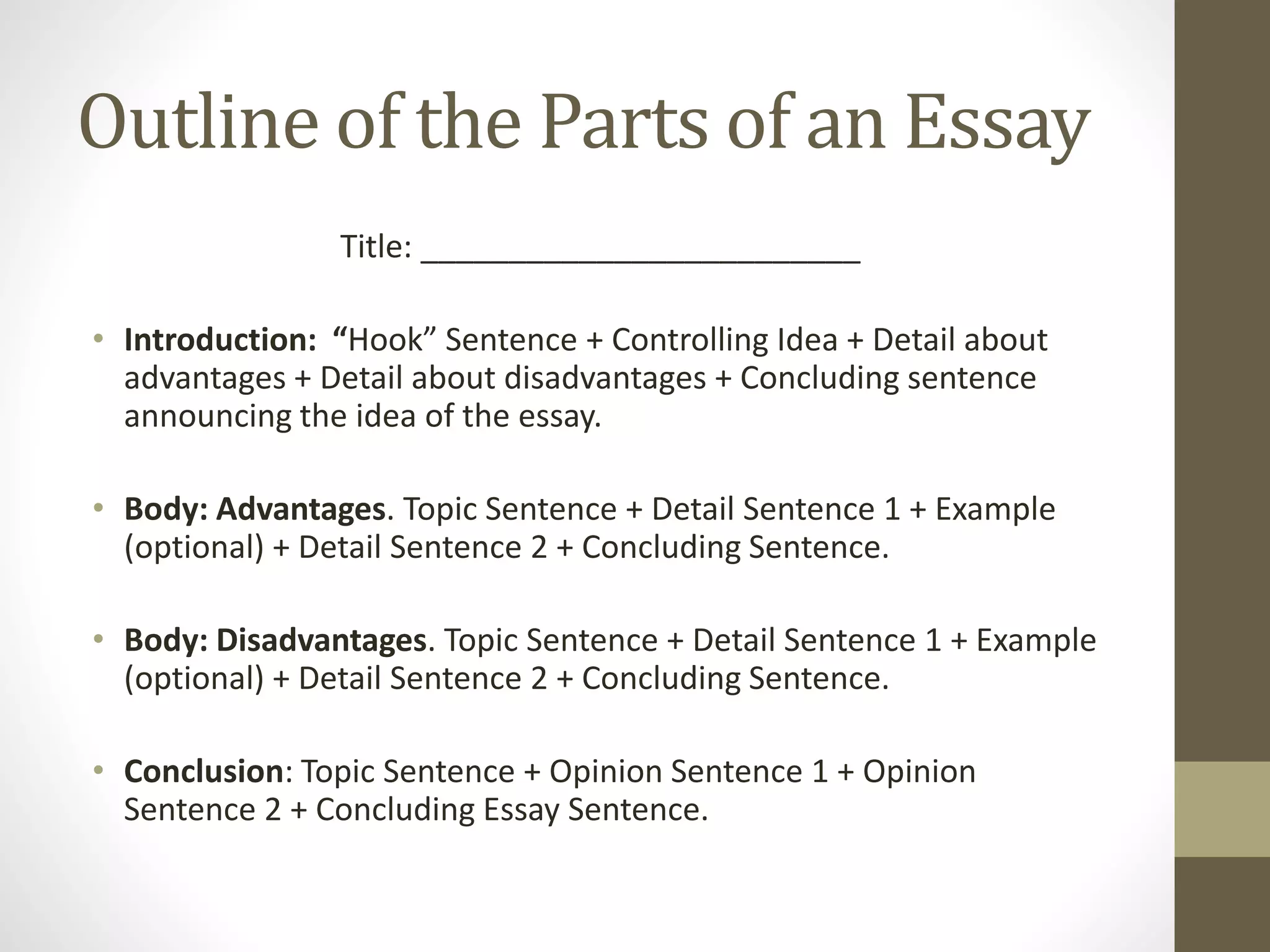 Outline of the parts of an essay | PPTX | Homework and Study | Education