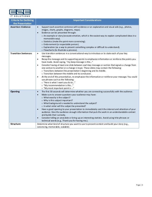Outlining a presentation using the assertion evidence design