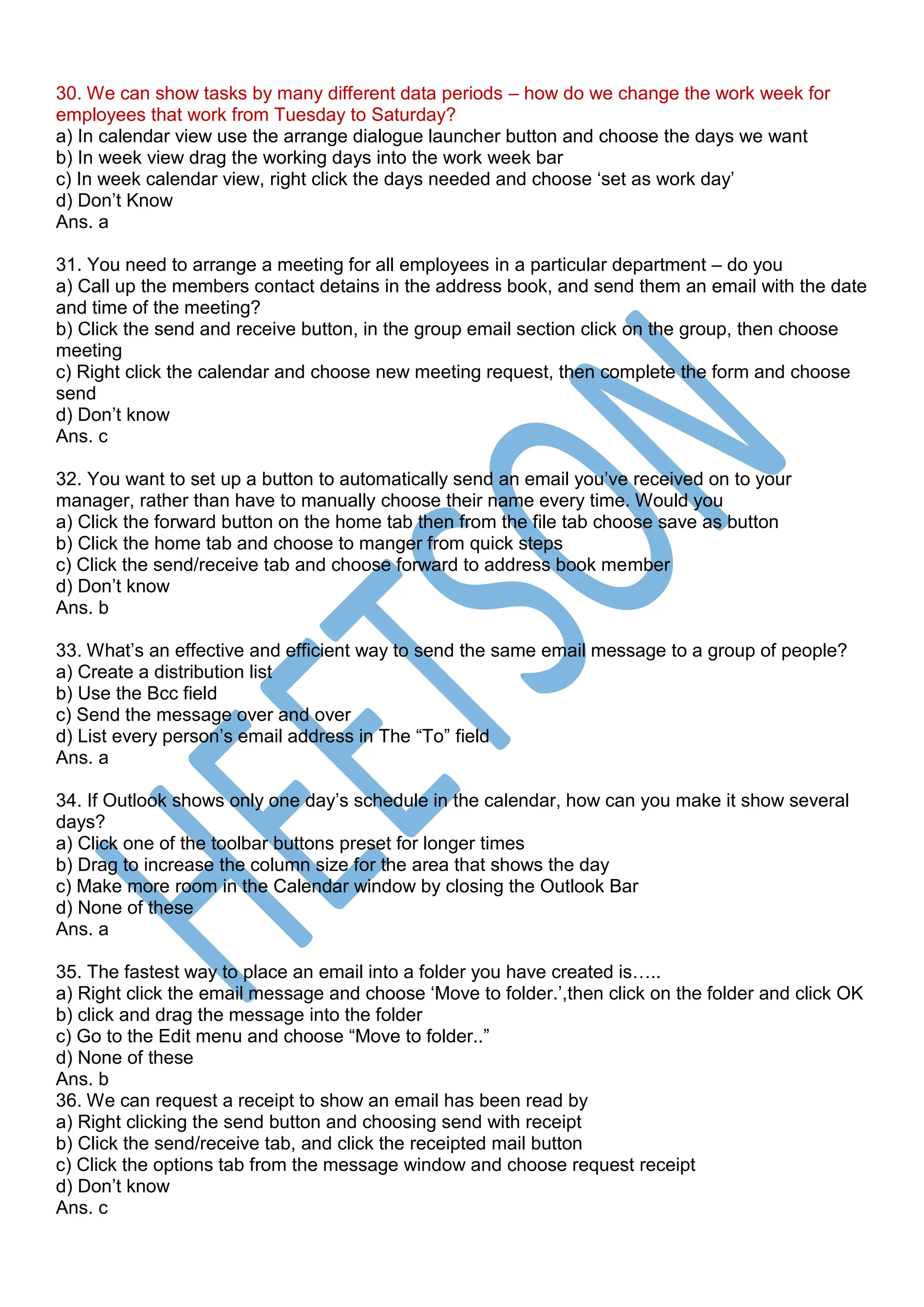 MS Outlook MCQ Important Questions and Answers | PDF