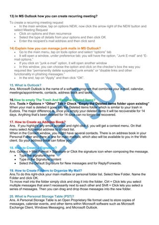 MS Outlook MCQ Important Questions and Answers | PDF