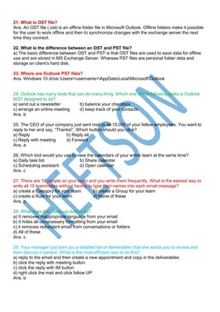 MS Outlook MCQ Important Questions and Answers | PDF