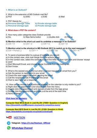 MS Outlook MCQ Important Questions and Answers | PDF
