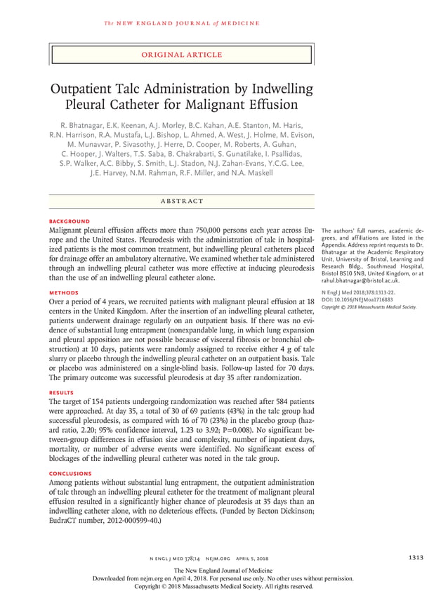 Outpatient talc administration by indwelling pleural catheter for ...