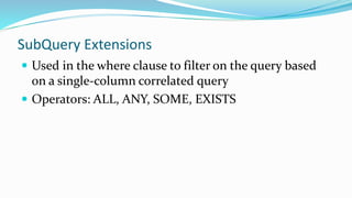 OUTPUT Clause Correlated Subqueries and Subquery Extensions | PPTX | Databases | Computer ...