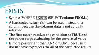OUTPUT Clause Correlated Subqueries and Subquery Extensions | PPTX | Databases | Computer ...