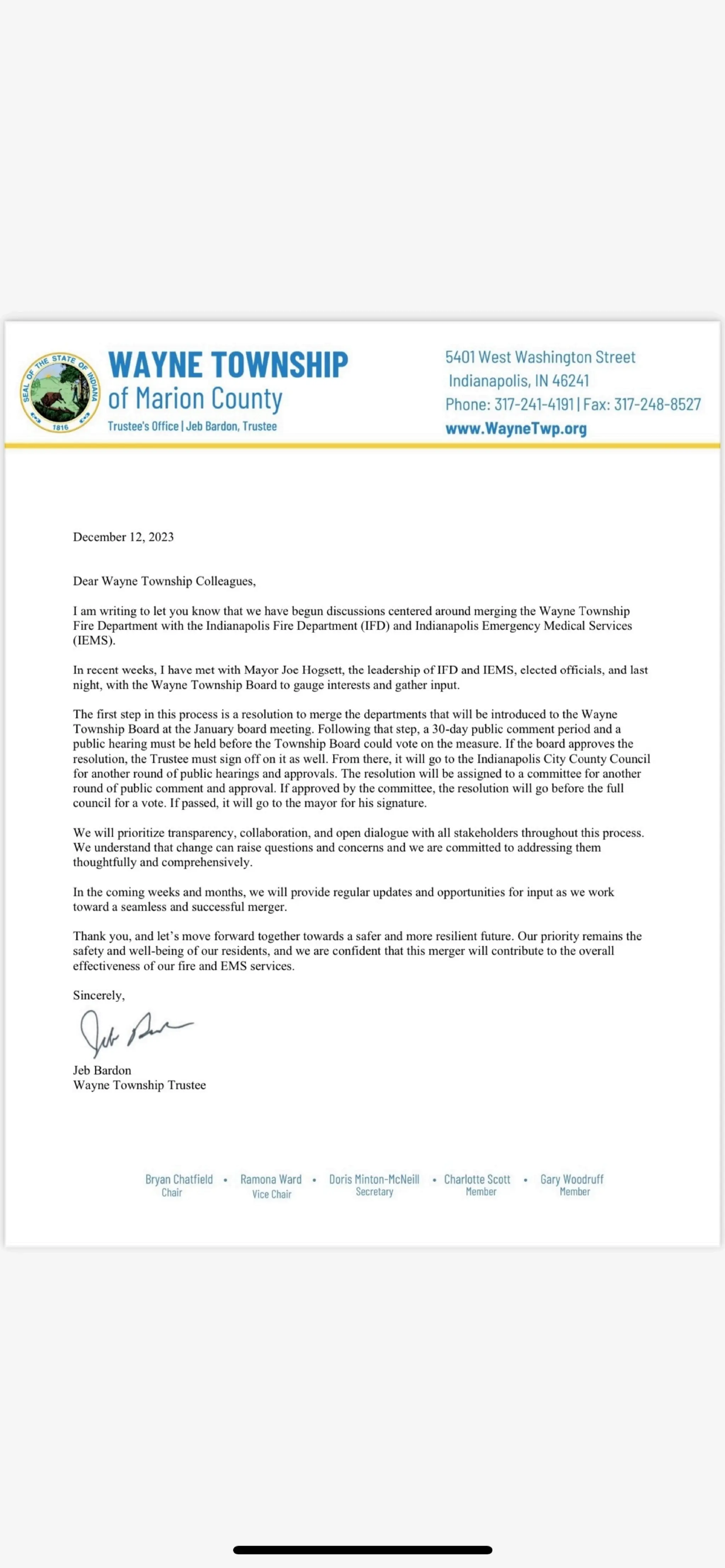 Wayne Township Fire Merger Letter from Jeb Barton | PDF