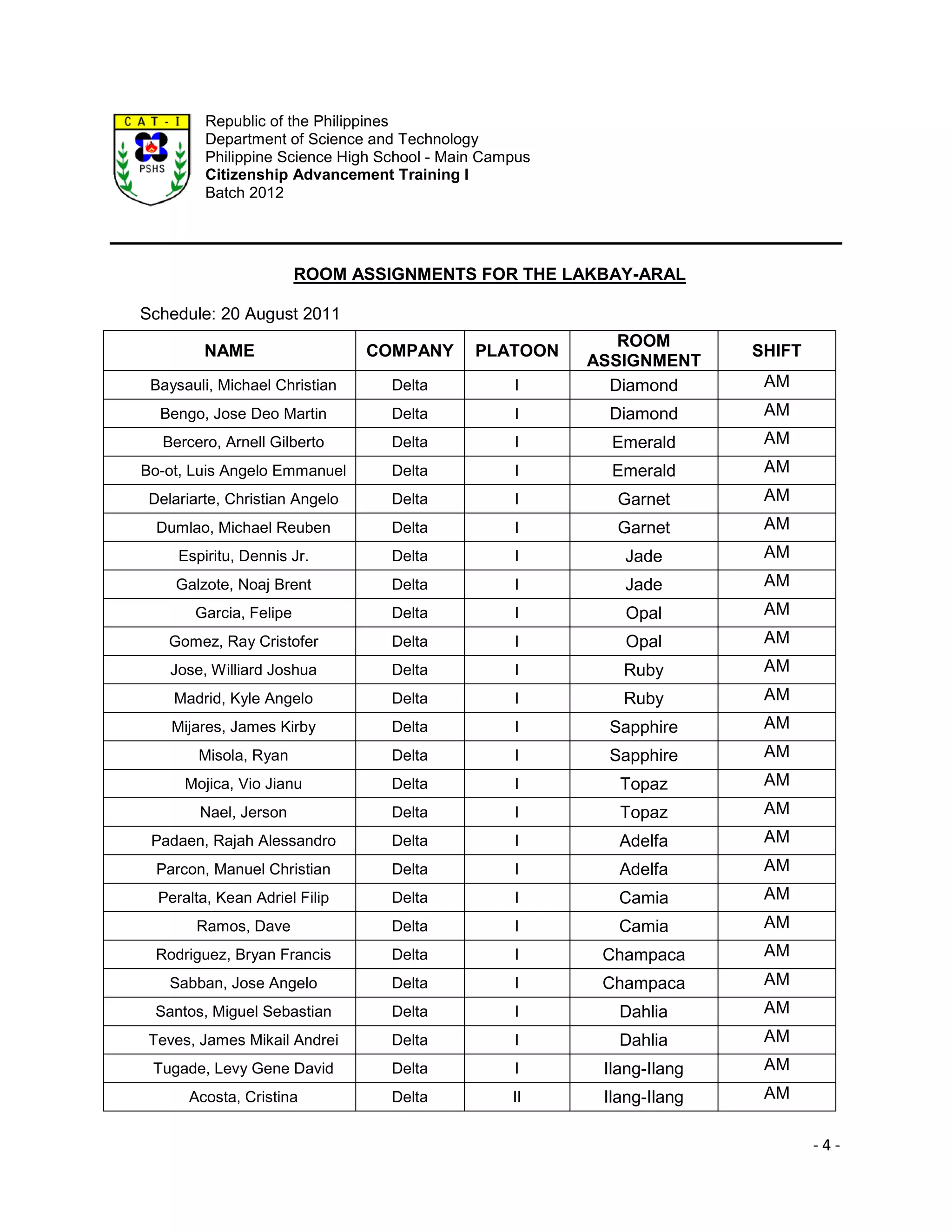 Outreach room assignments for lakbay-aral (v2). | PDF