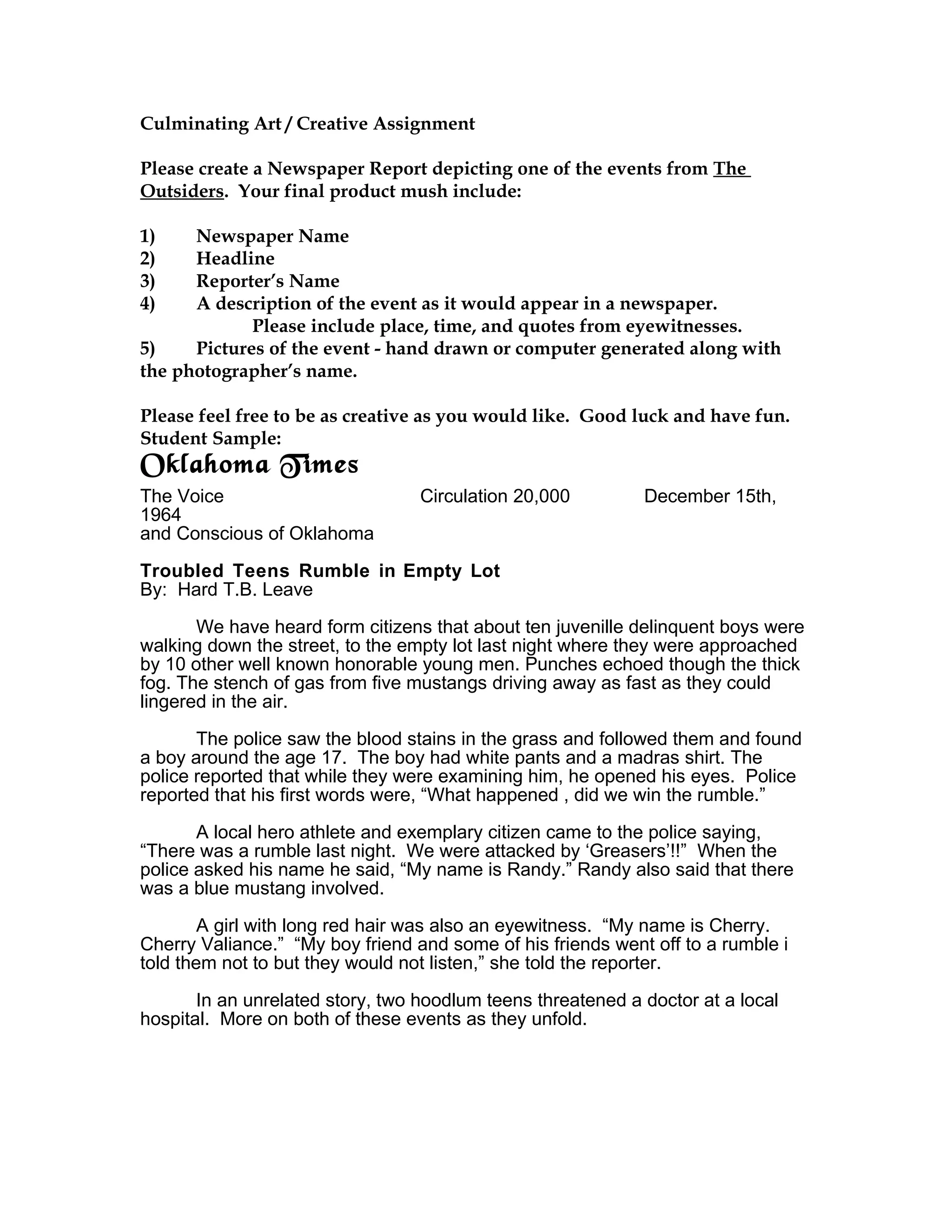 Outsiders newspaper specifications | DOC