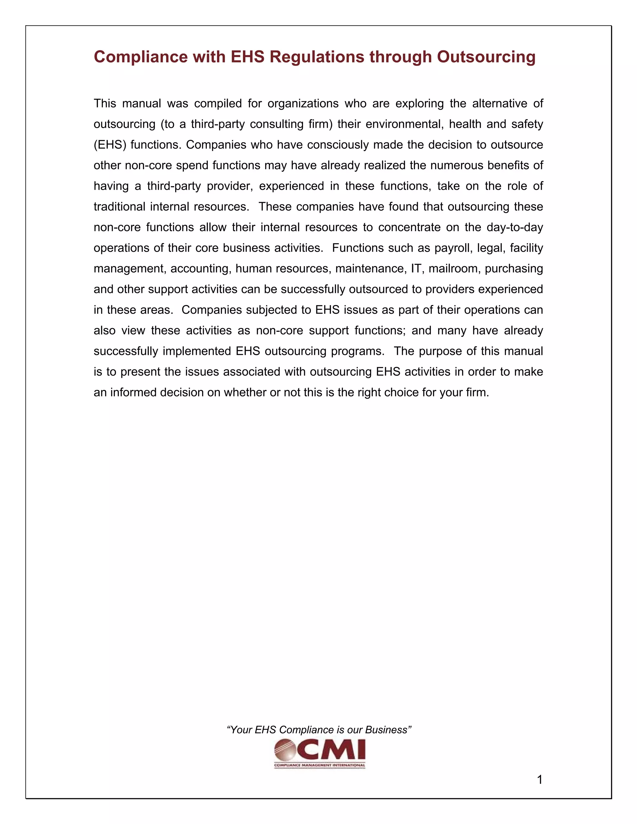 Outsourcing Environmental Health & Safety Compliance | PDF