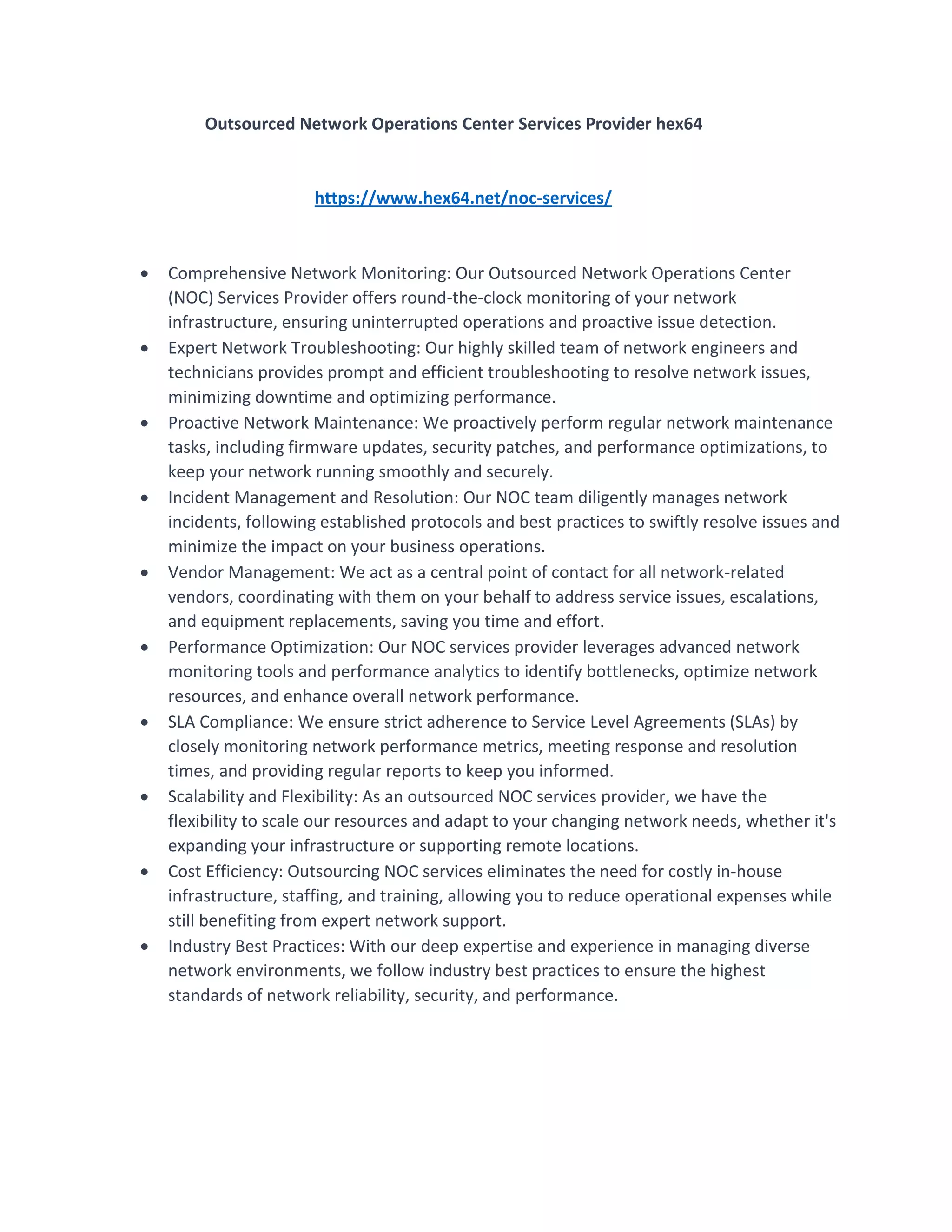 Outsourced Network Operations Center (NOC) Services Provider hex641.docx