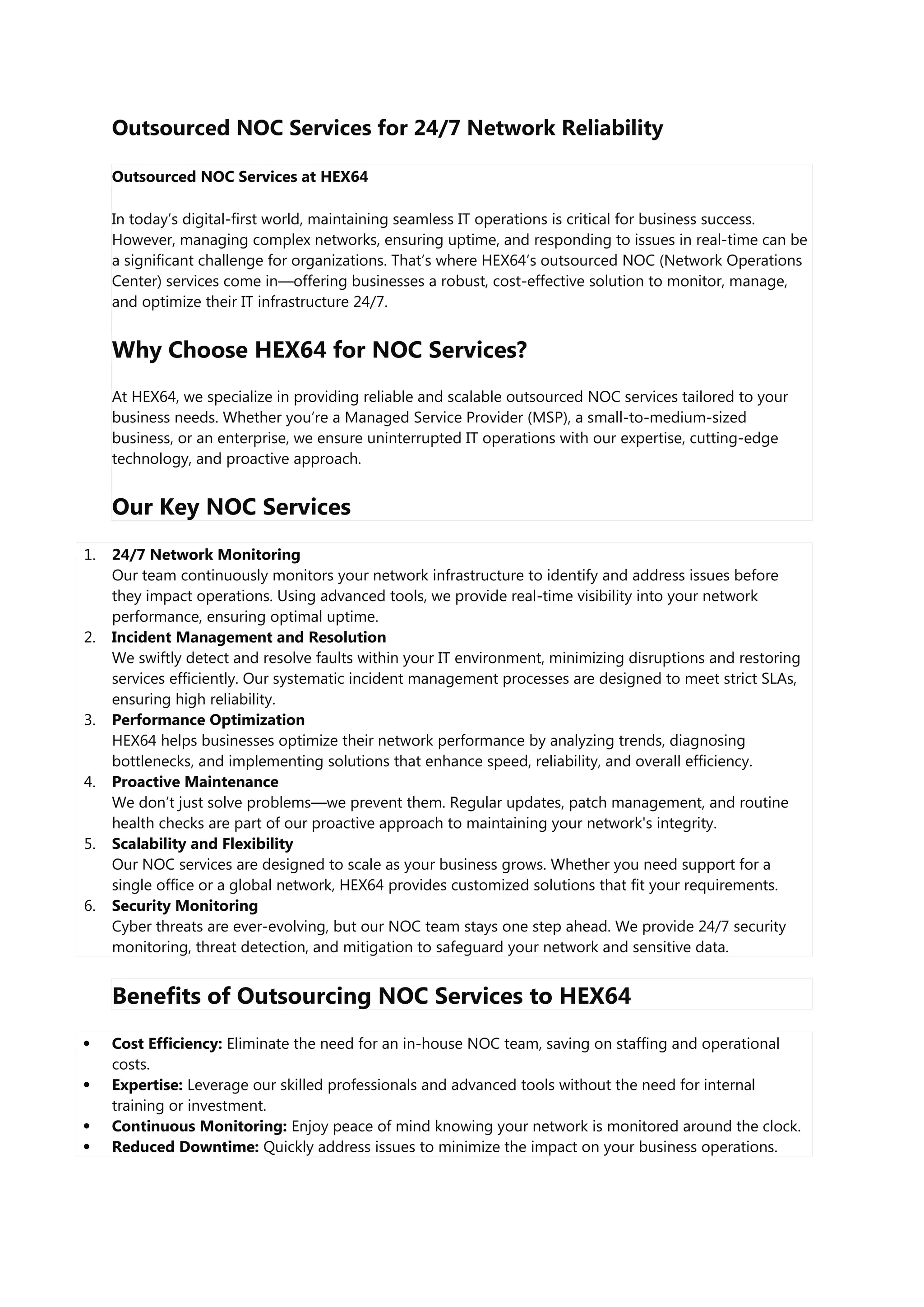 Outsourced NOC Services for 24/7 Network Reliability | DOCX