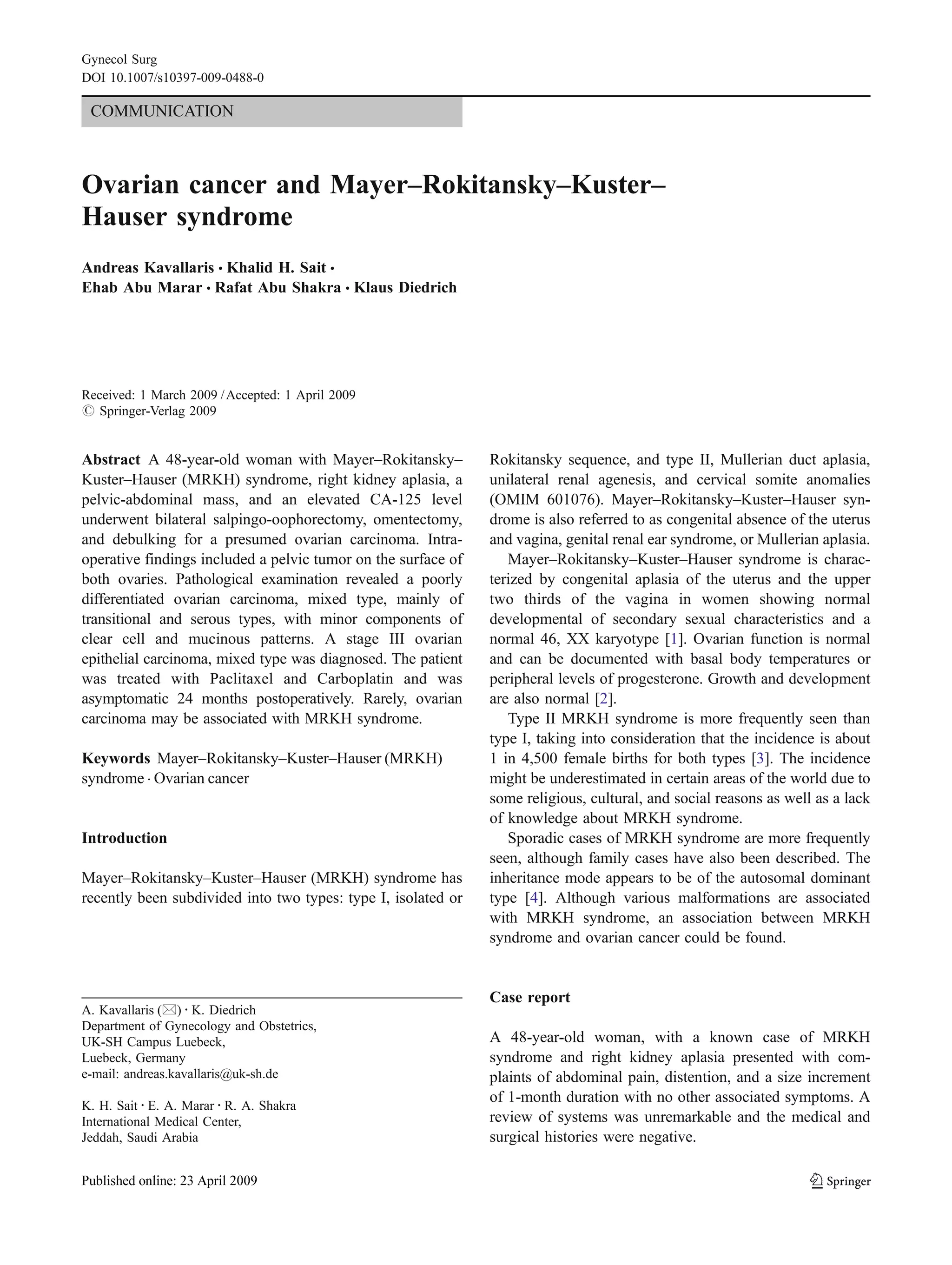 Ov cancer and mayer hauser hauser syndrome | PDF