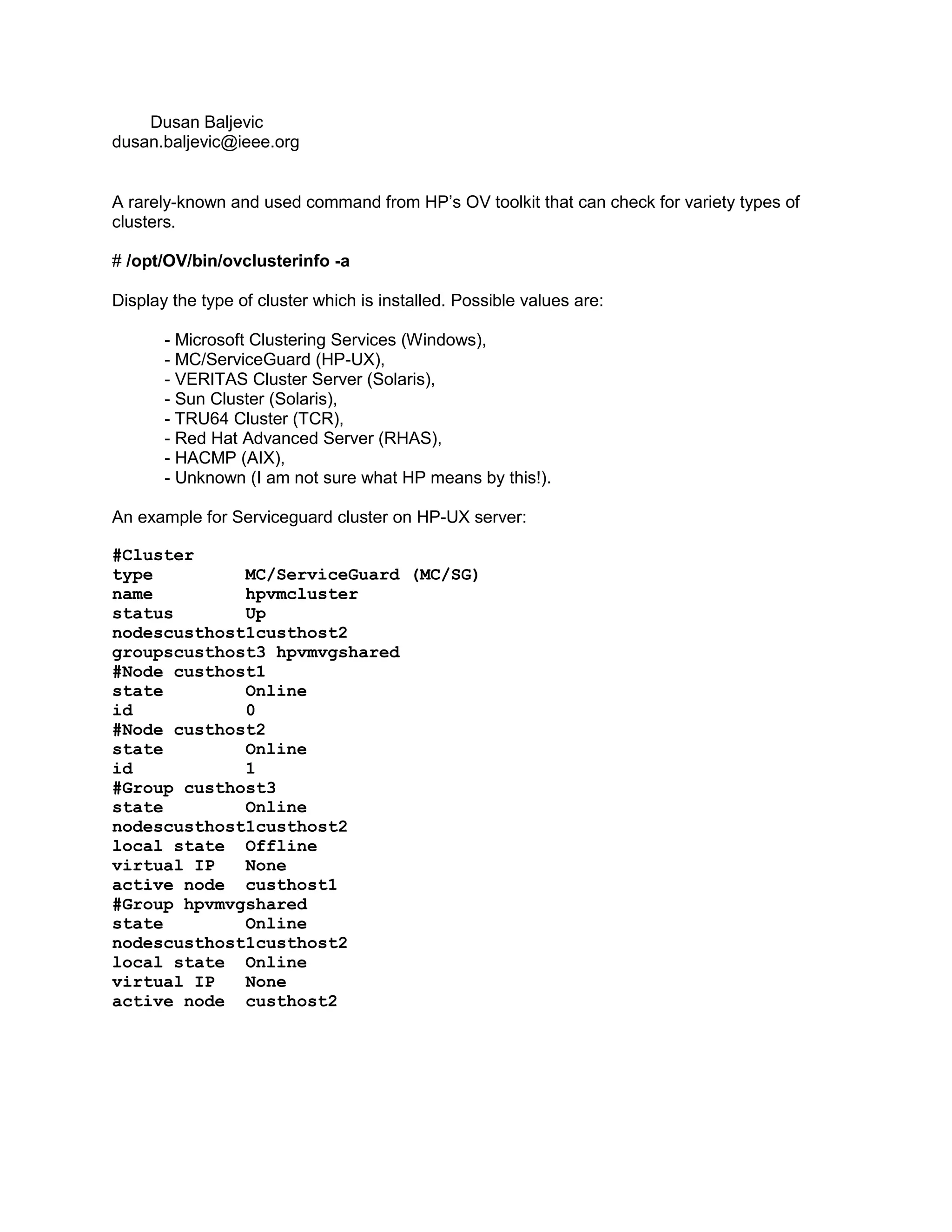 Ovclusterinfo command by Dusan Baljevic | PDF