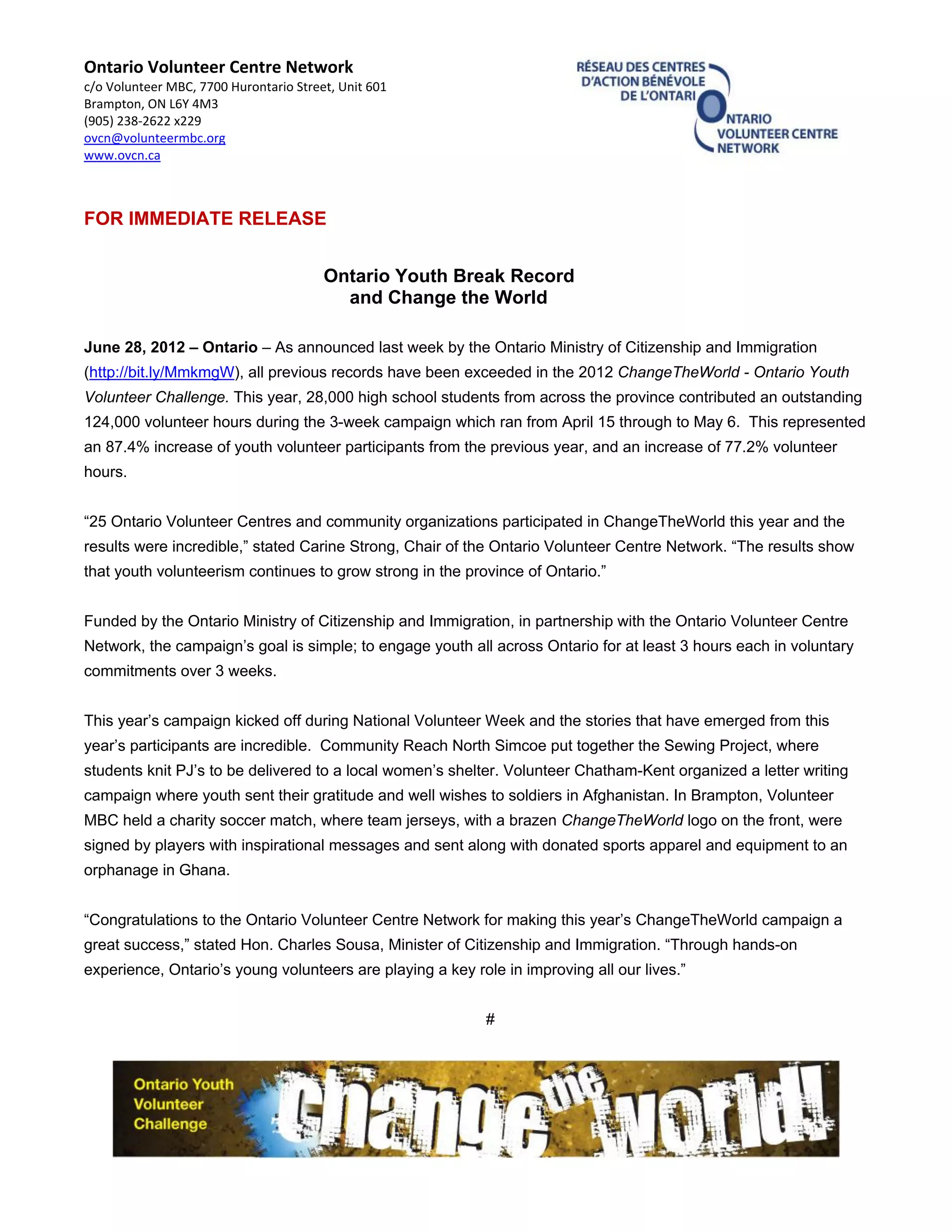 OVCN Media Release - Ontario Youth Break Record and Change The World | PDF