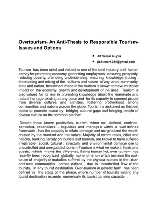 Over-tourism - An Antithesis to tourism- Issues and Options | PDF