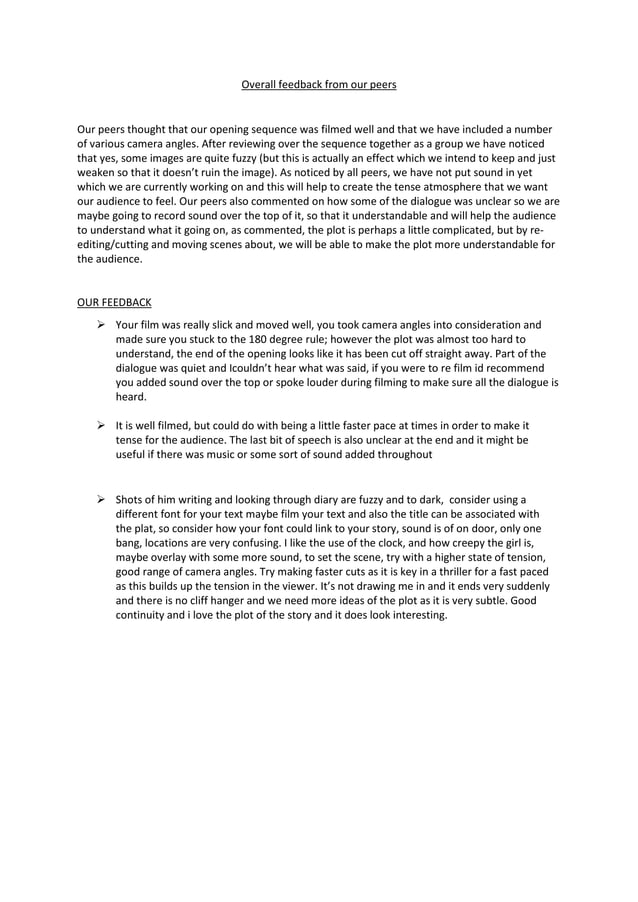 Overall feedback from our peers | DOCX | Screenwriting | Content Production
