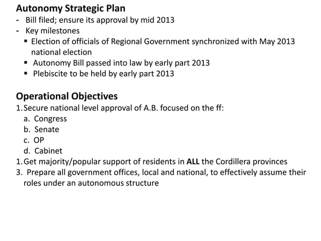 Overall framework plan of action in pursuit of the cordillera autonomy ...
