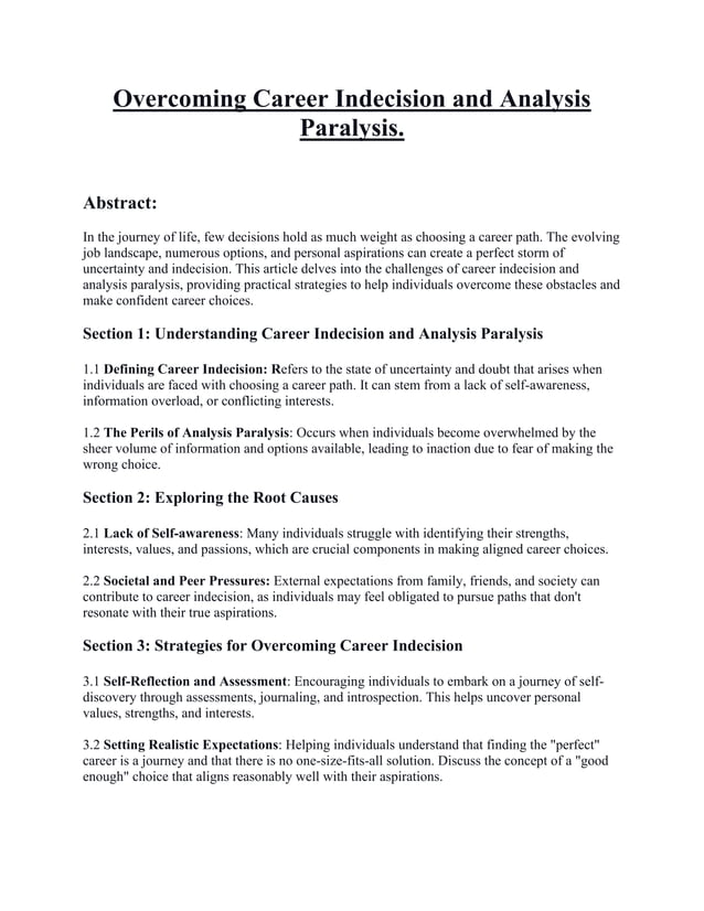 Overcoming Career Indecision and Analysis Paralysis. | PDF