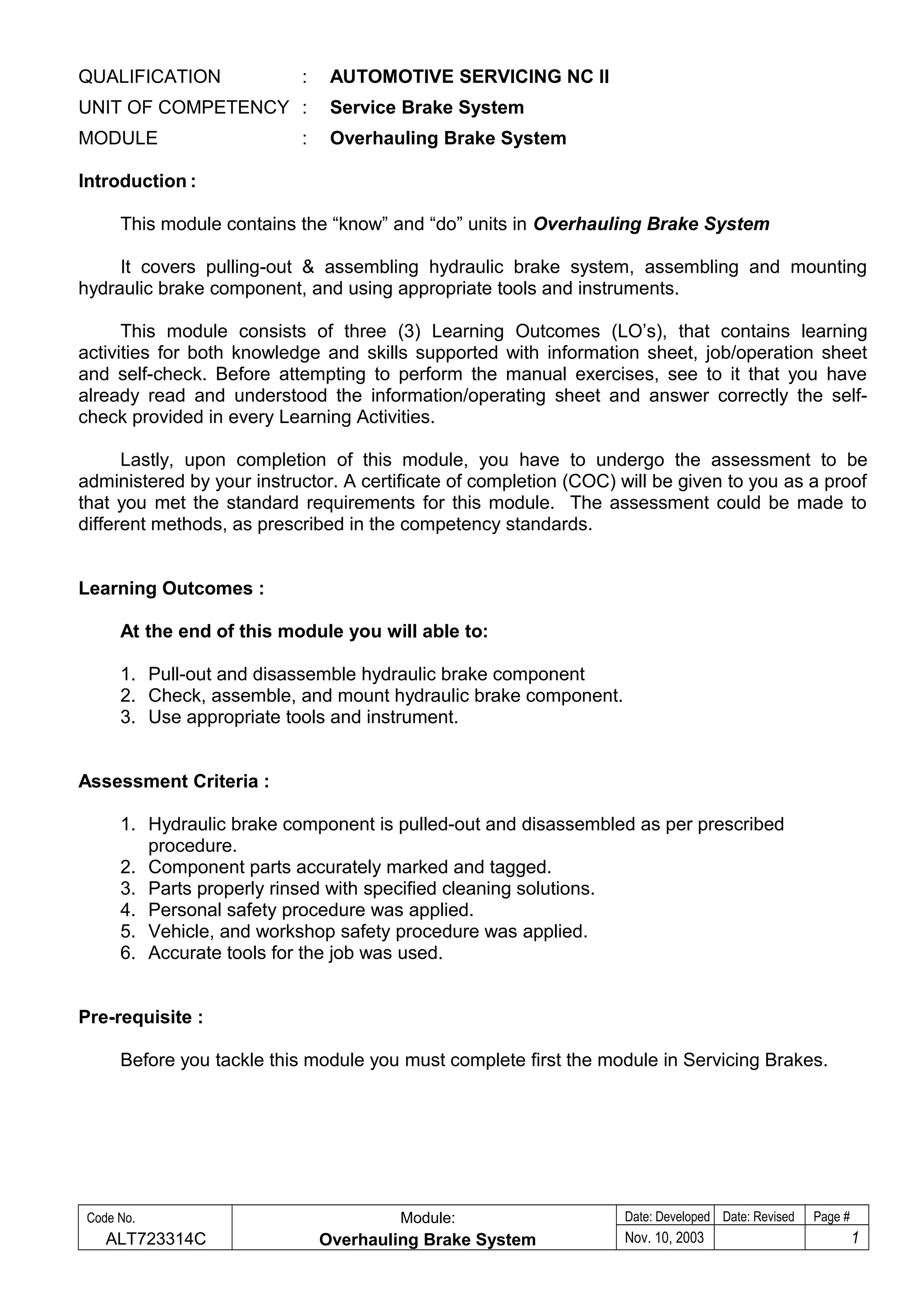Overhaul brake system | DOC