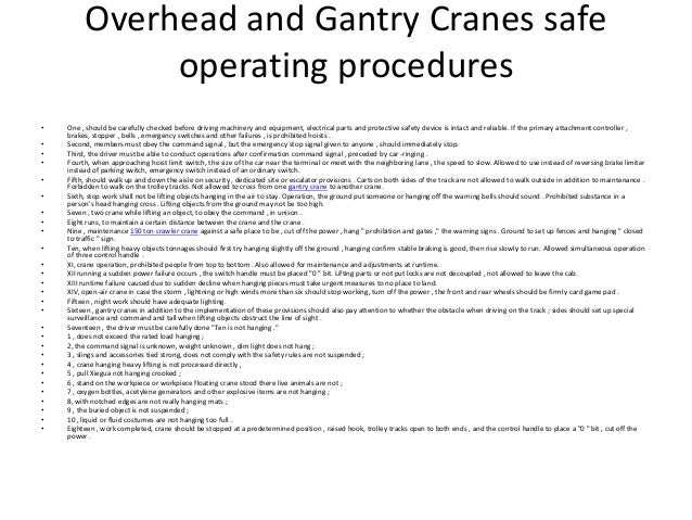 Overhead and gantry cranes safe operating procedures