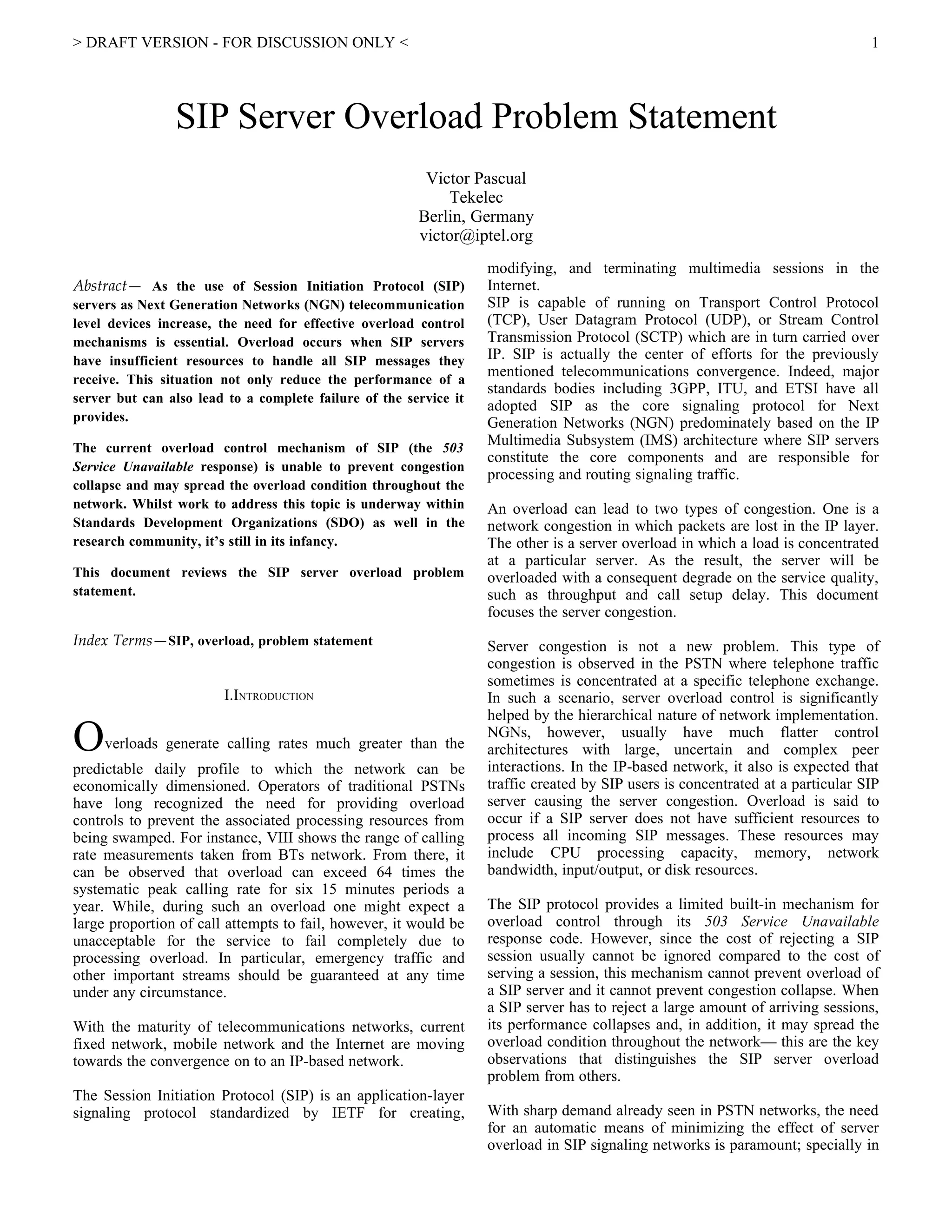 SIP Overload Control Problem Statement | DOC