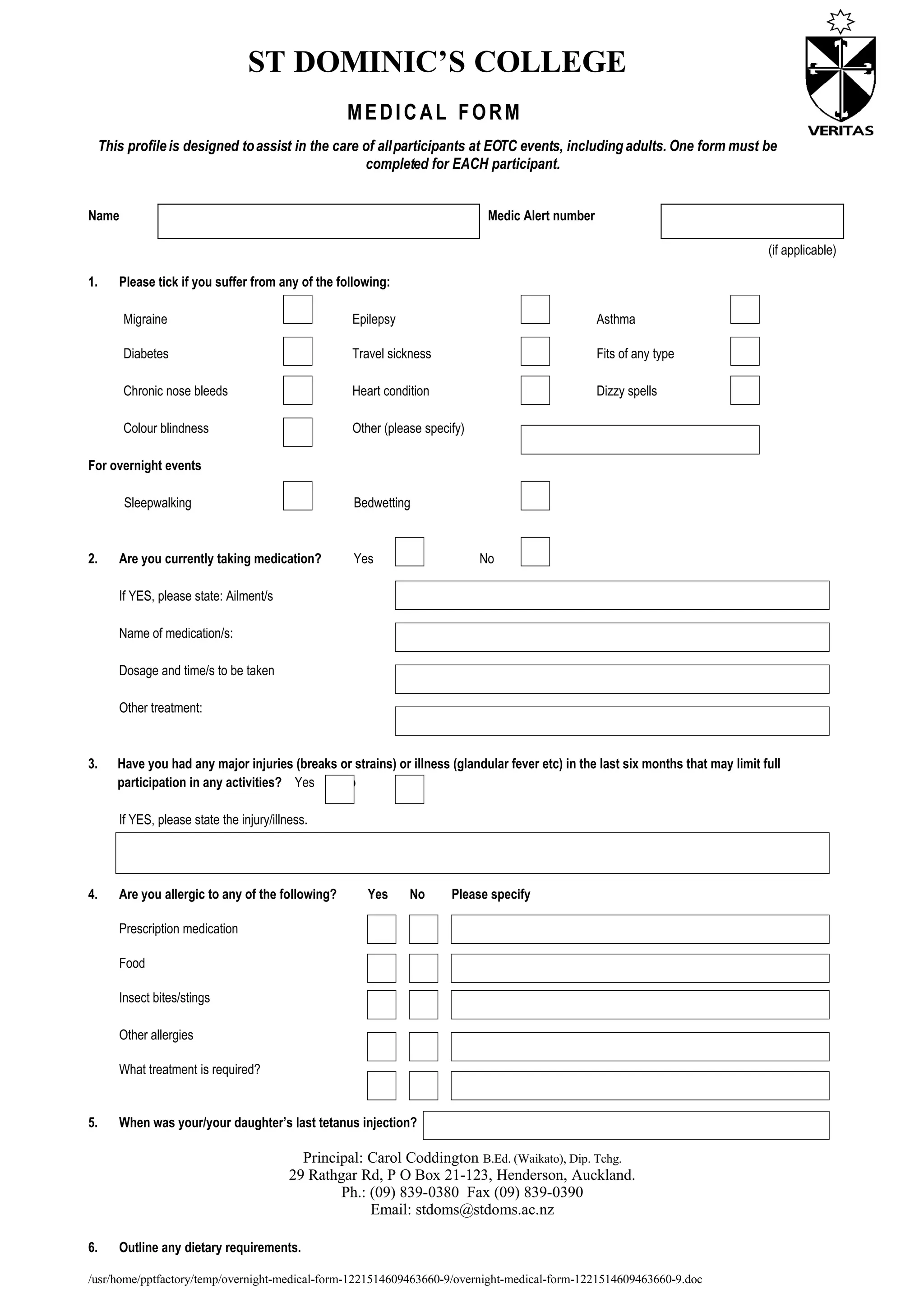 Overnight Medical Form | DOC